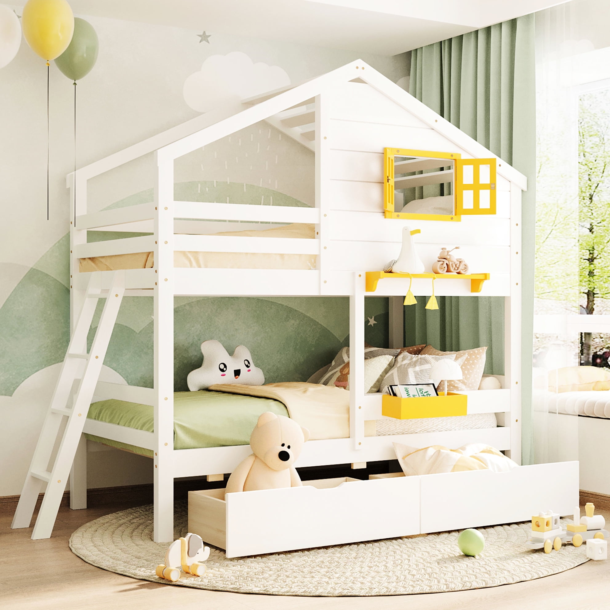 White Twin Over Bunk Bed With Drawers & Storage Box - Solid Wood Frame ...