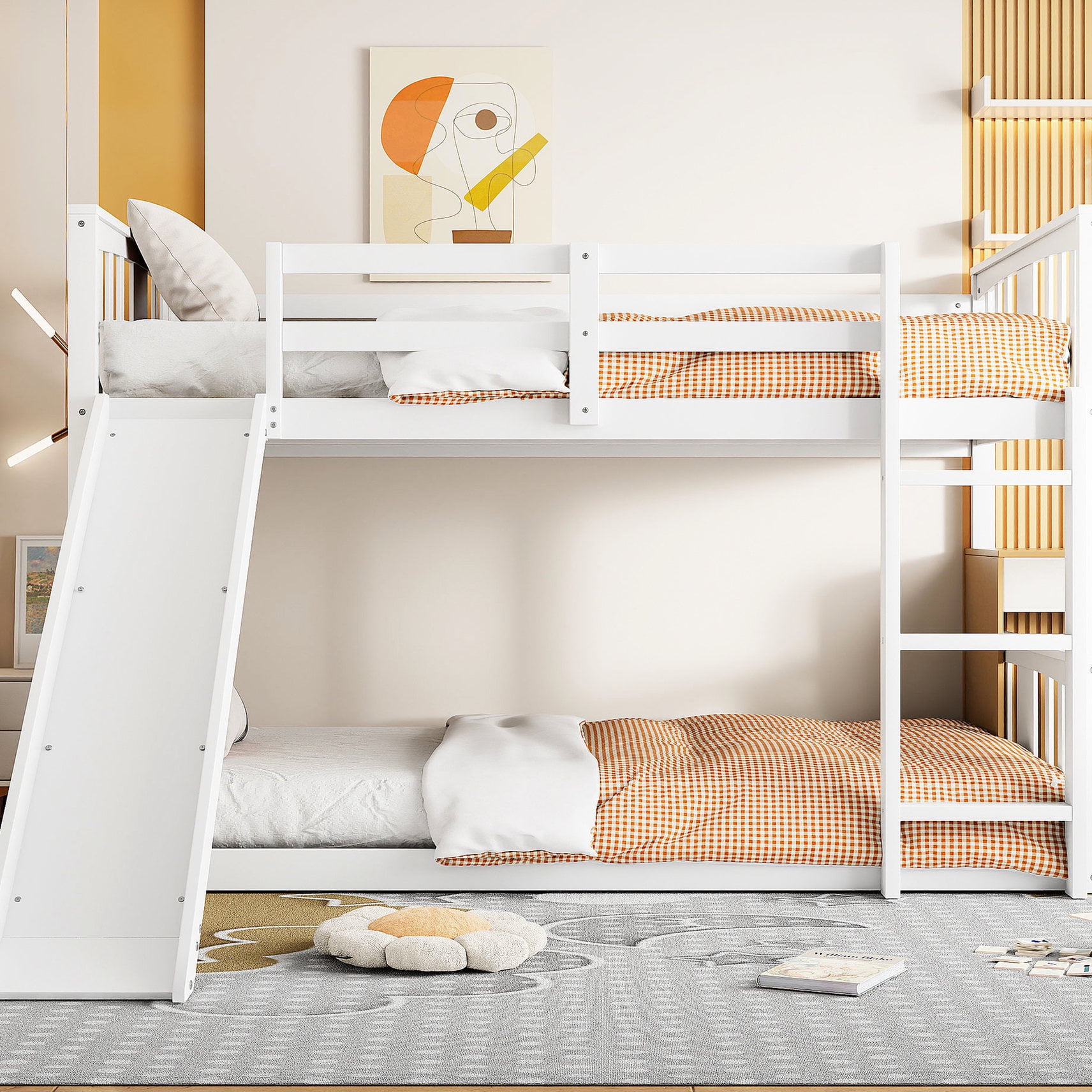 White Twin Over Twin Bunk Bed, Slide and Ladder Included | Promotes ...