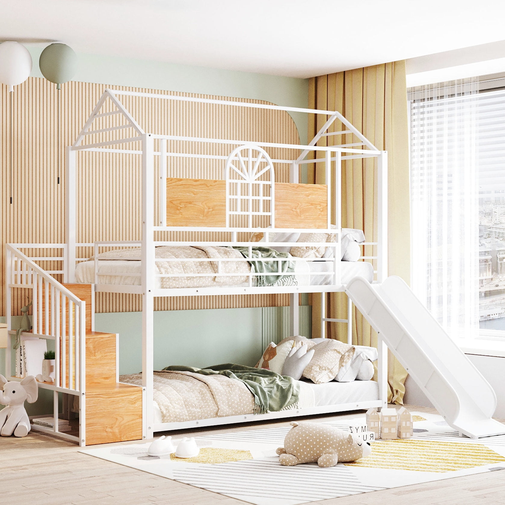 White Twin Over Twin Bunk Bed with Slide and Mosquito Net Brackets ...