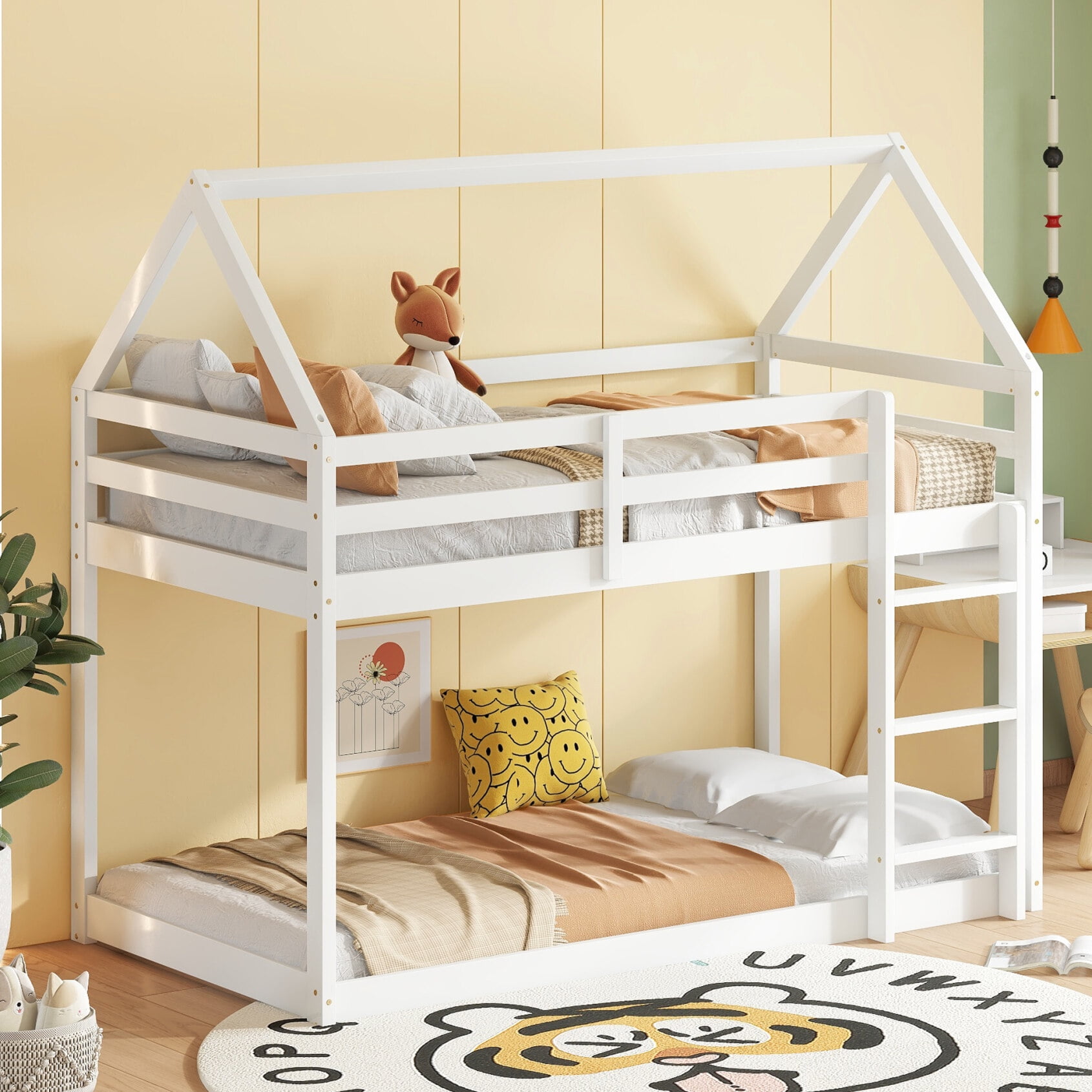 White Twin Over Twin Rubber Wood Bunk Bed with Wood House Roof Design ...