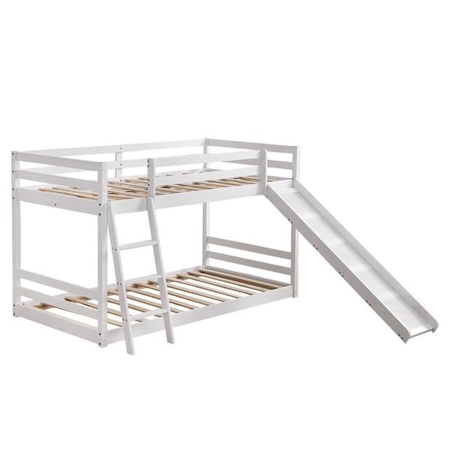 White Twin Pine Wooden Bed with Elevated Cross Guard Rail and Slide ...
