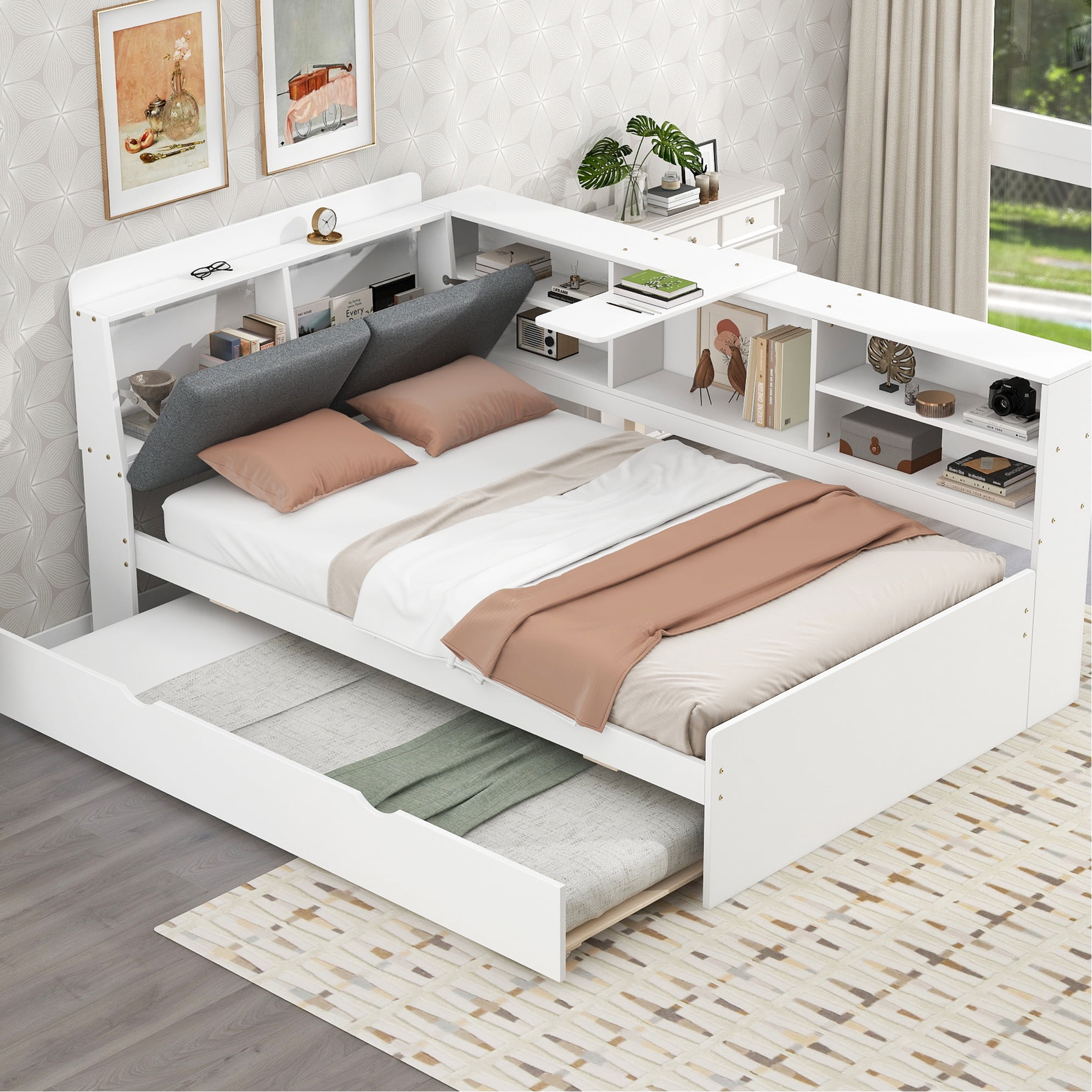 White Twin Platform Wood Bed With Construction, Rotatable Storage ...
