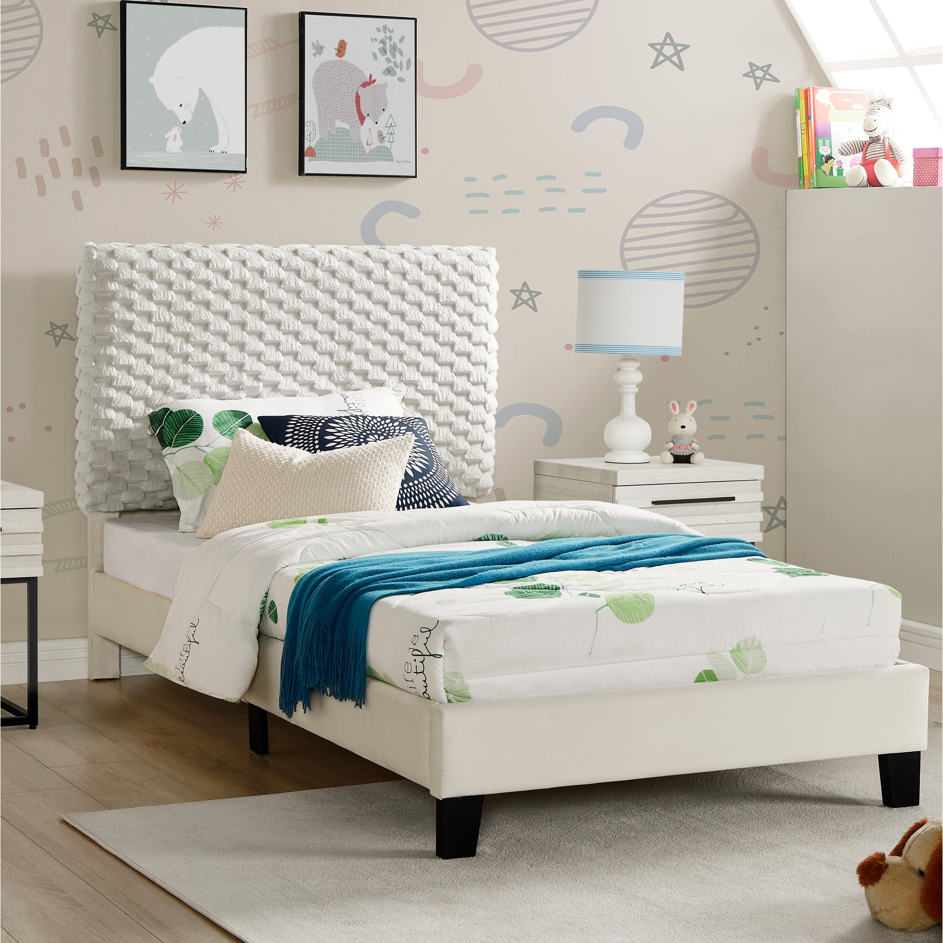 White Twin Size 3d Upholstered Bed - Foam Padding For A Good Night's ...