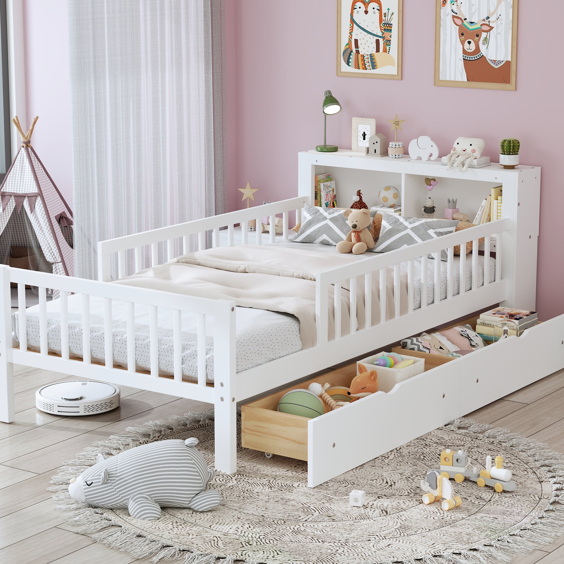White Twin Size Bed With Headboard Storage Rack & Guardrails - Build ...