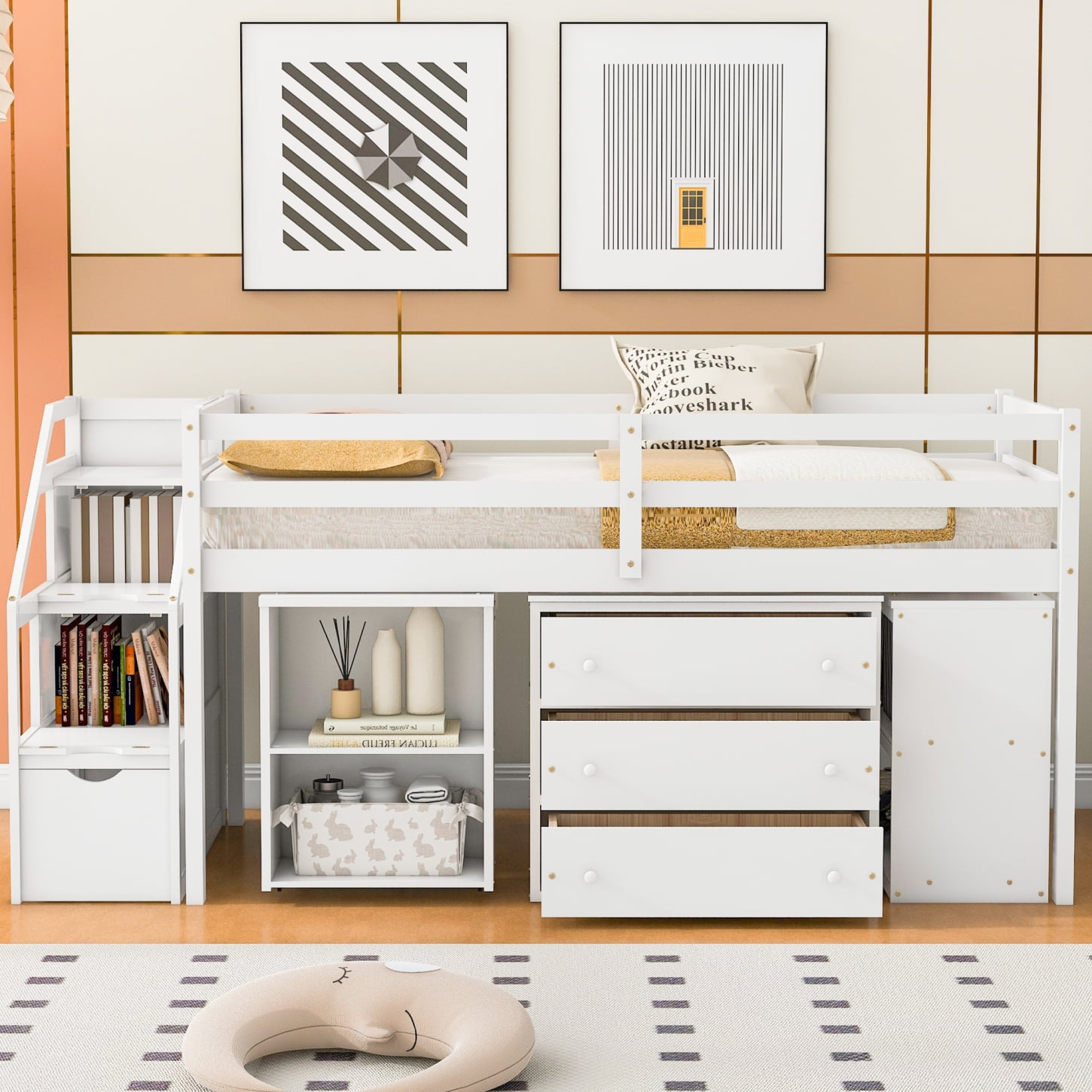 White Twin Size Loft Bed with Retractable Writing Desk and 3 Drawers ...