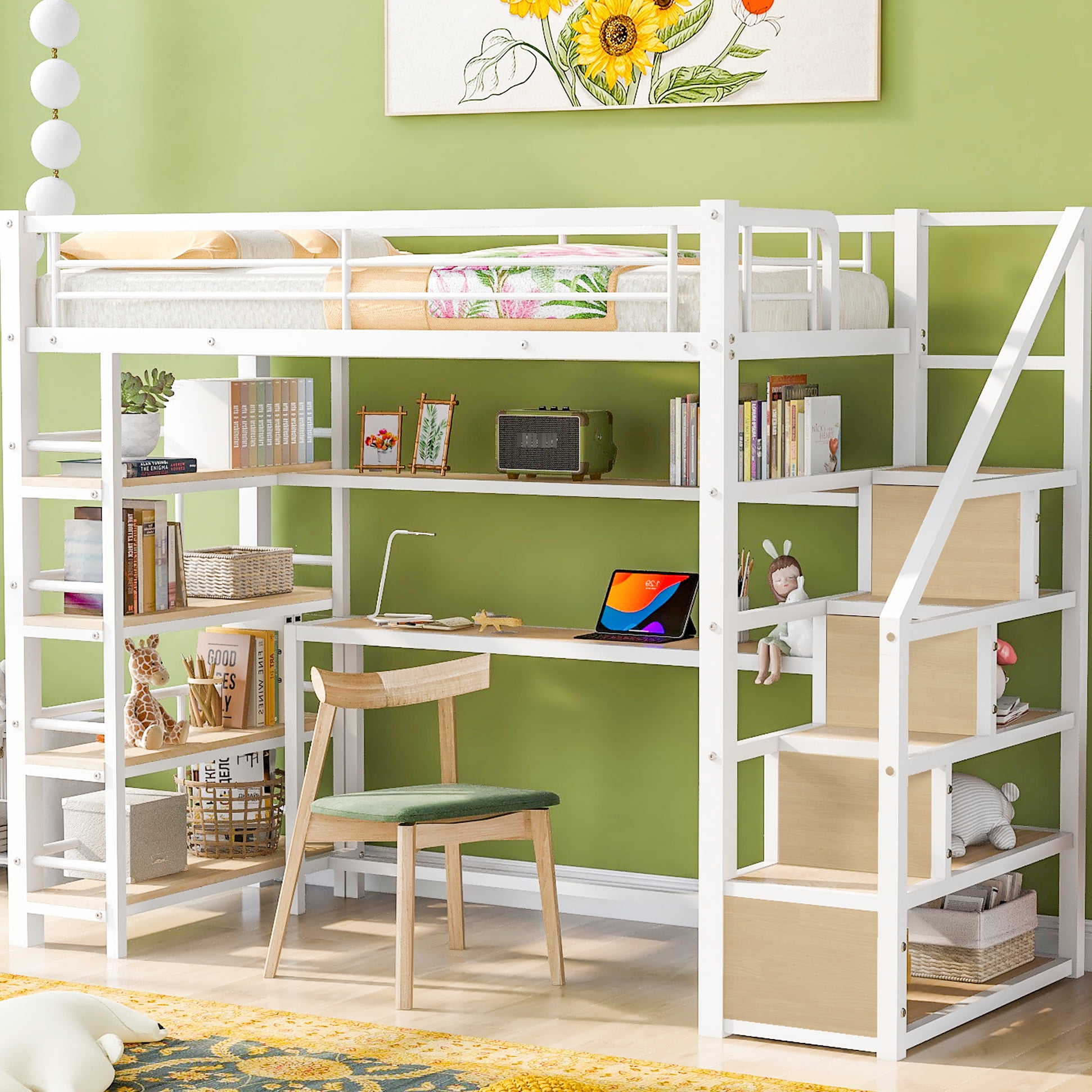 White Twin Size Loft Bed With Metal Components, Staircase & Storage ...