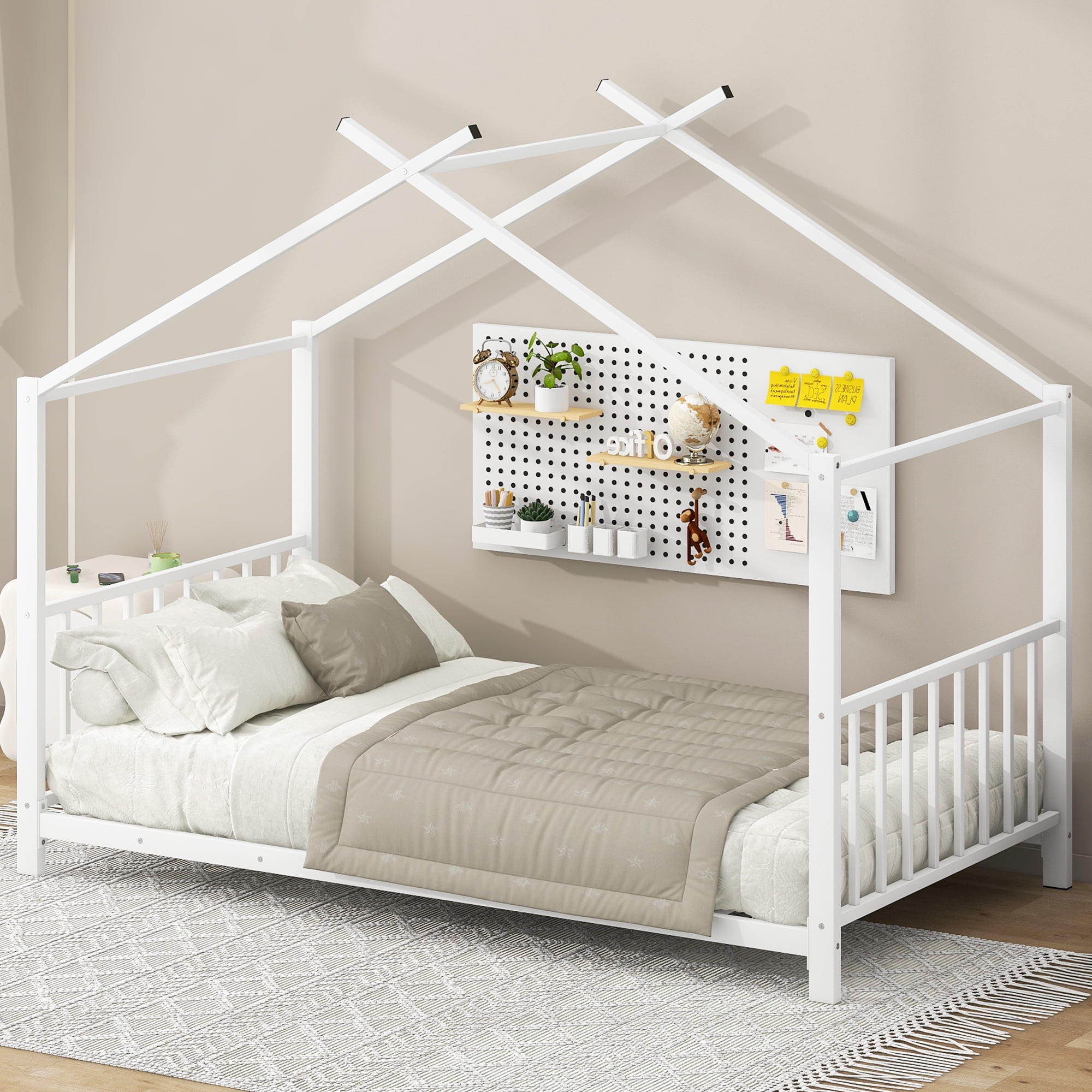 White Twin Size Metal House Platform Bed with Roof - Sturdy Kids Bed ...