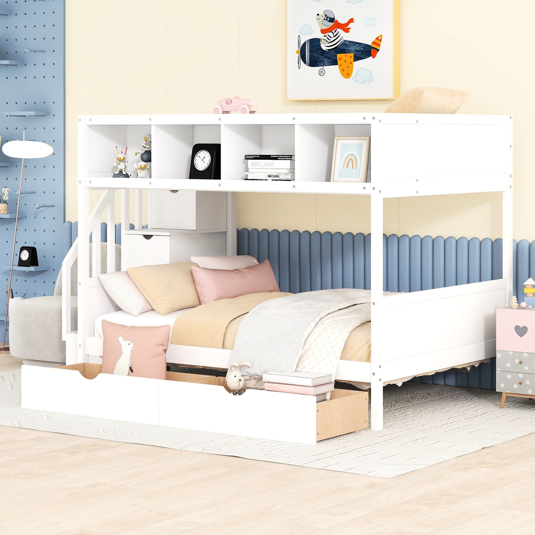 White Twin over Full Bunk Bed with Shelving and Storage Stairs | Easy ...