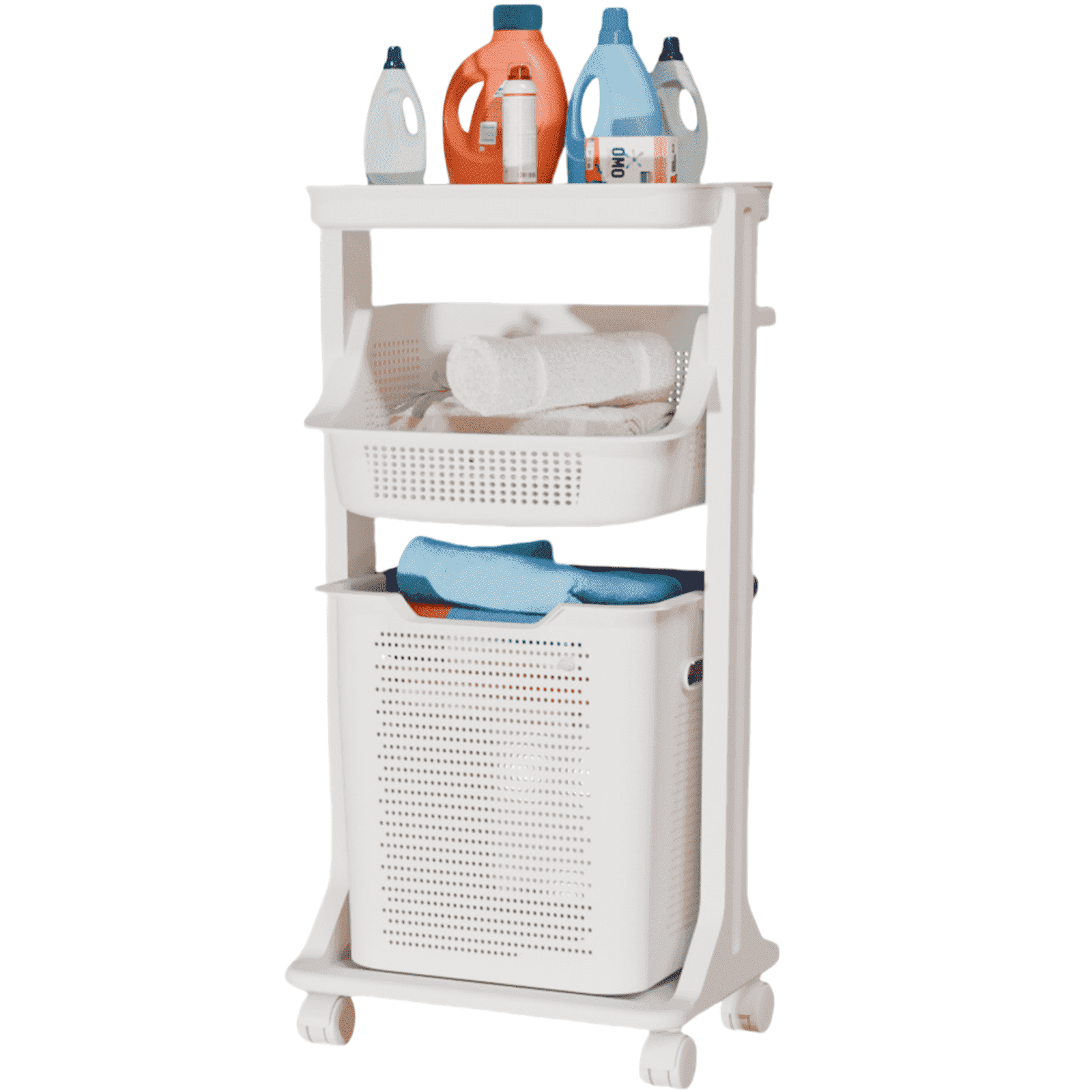 White Two-Tier Laundry Basket,Portable Rolling Laundry Bin with 2 ...