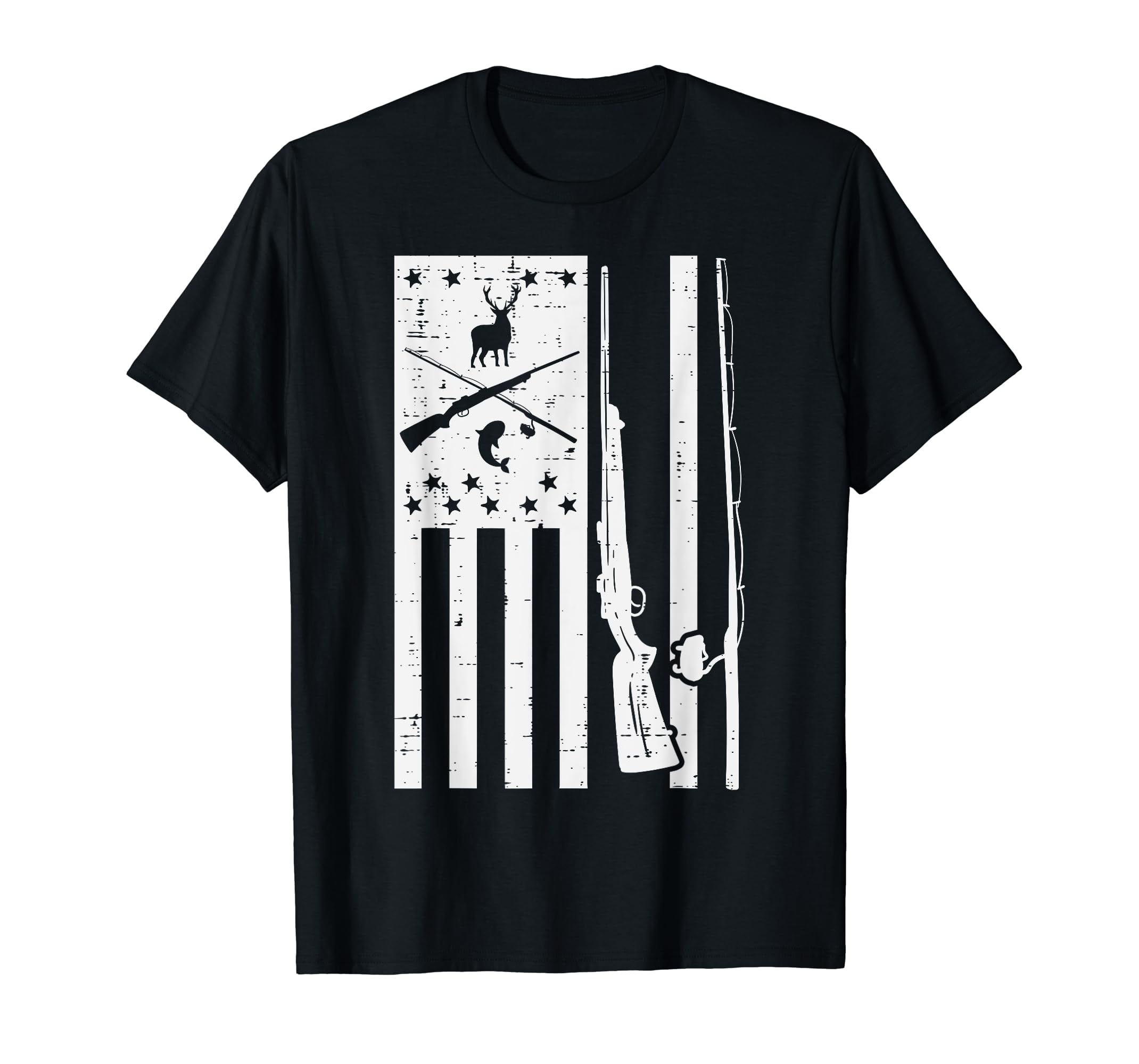White USA Flag Rifle Fishing Rod Fish Deer Hunting Patriotic T-Shirt ...