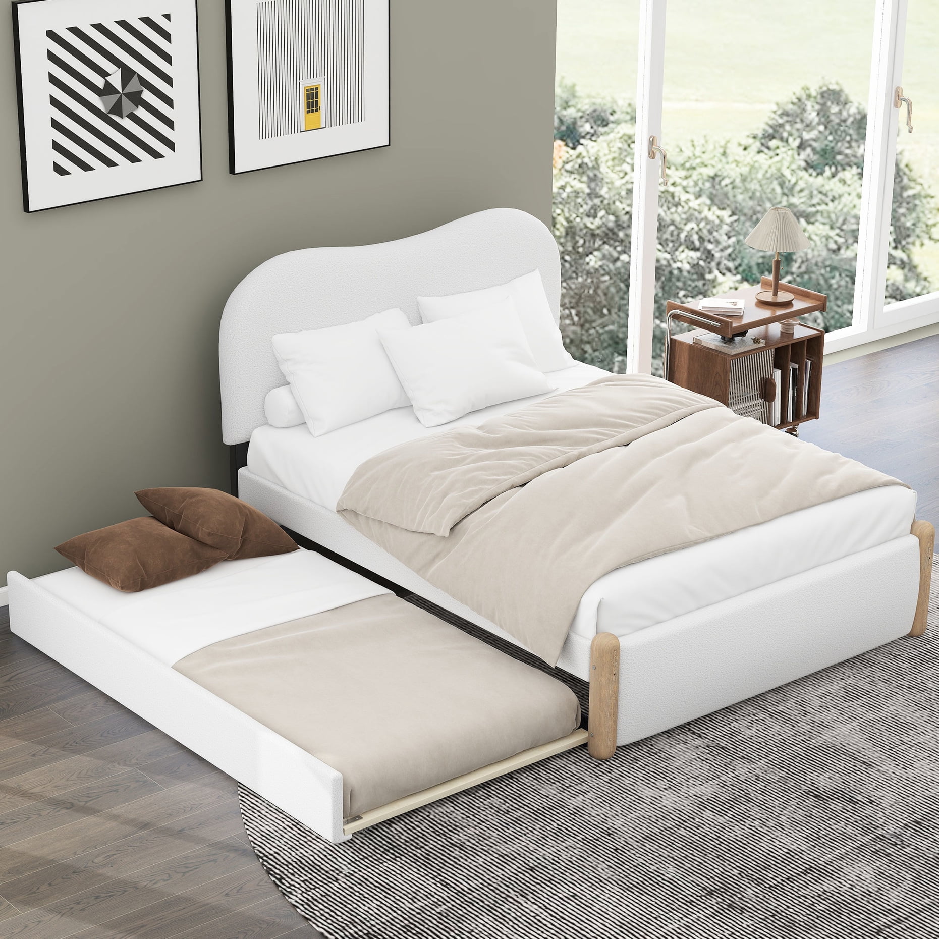 White Upholstered Bed With Trundle & Solid Pine Wood Construction ...