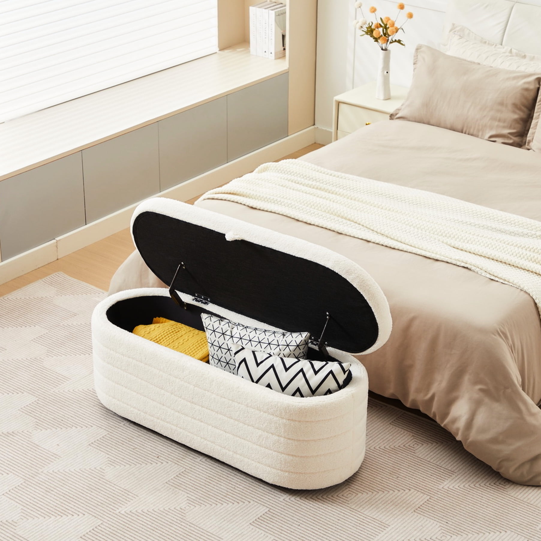 White Upholstered Entryway Bench With Storage - Boucle Fabric And Hinge ...