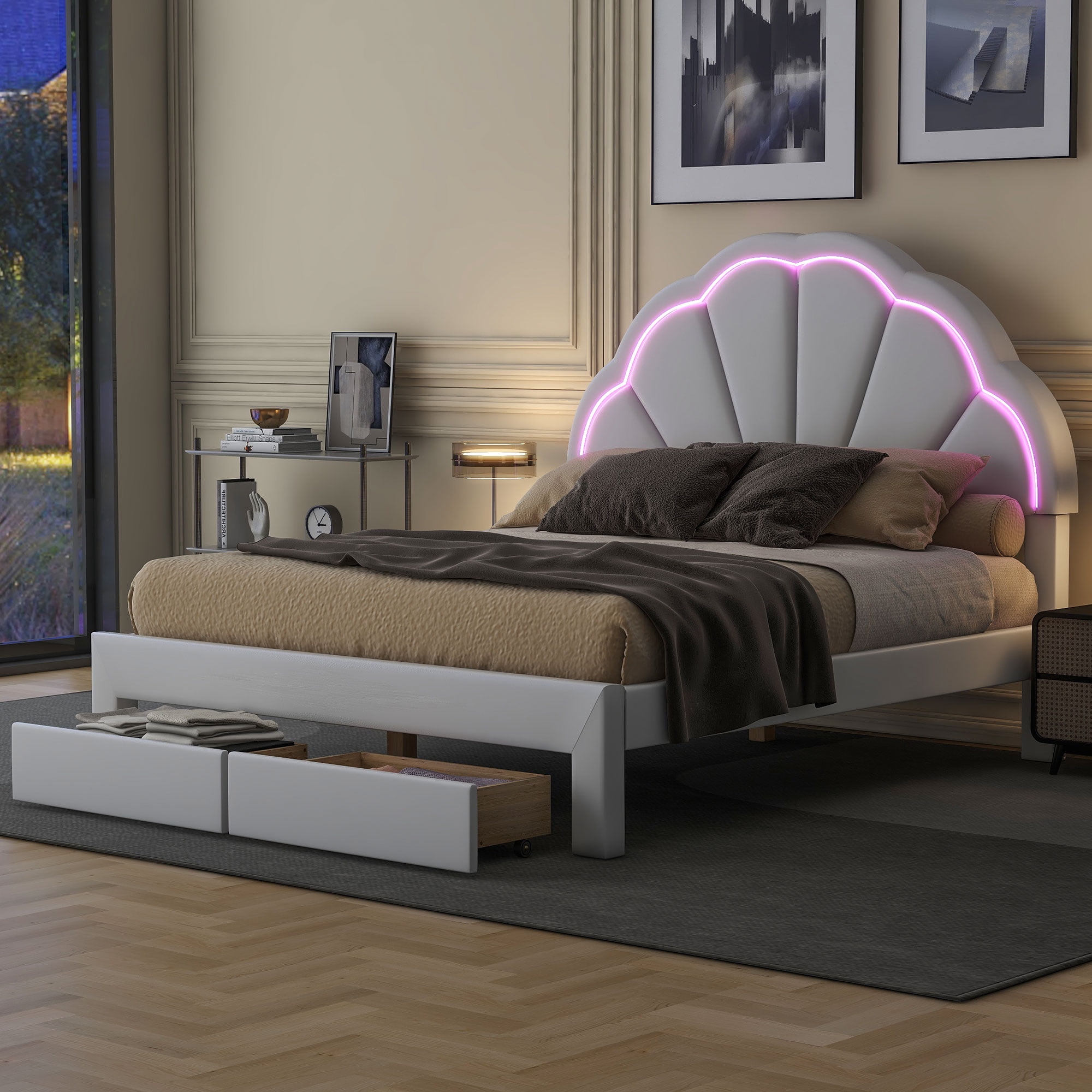 White Upholstered Platform Bed with Seashell Headboard LED Lights ...