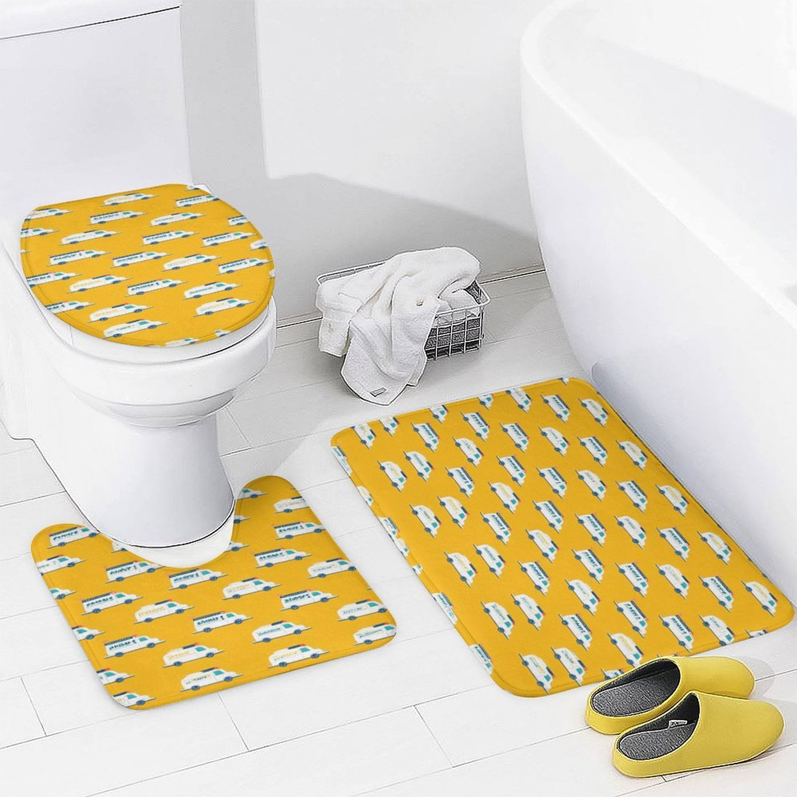 White Van Pattern on Orange Bathroom Mats Sets 3 Piece, Bath Mat Earth ...