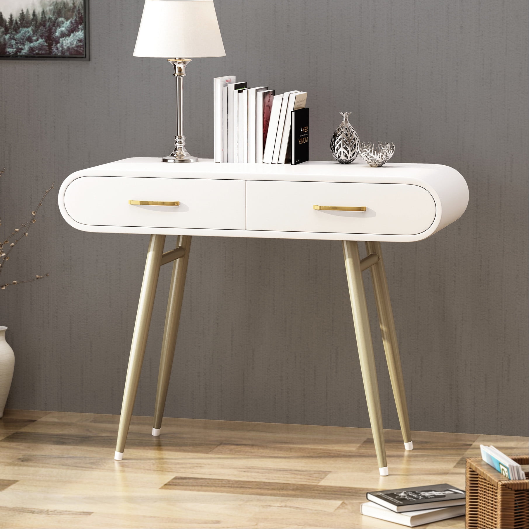 White Vanity Accent Table with Champagne Gold Legs | For Daytime and ...