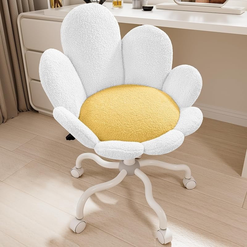 White Vanity Chair with Wheels and Back, Cute Daisy Flower Comfy ...