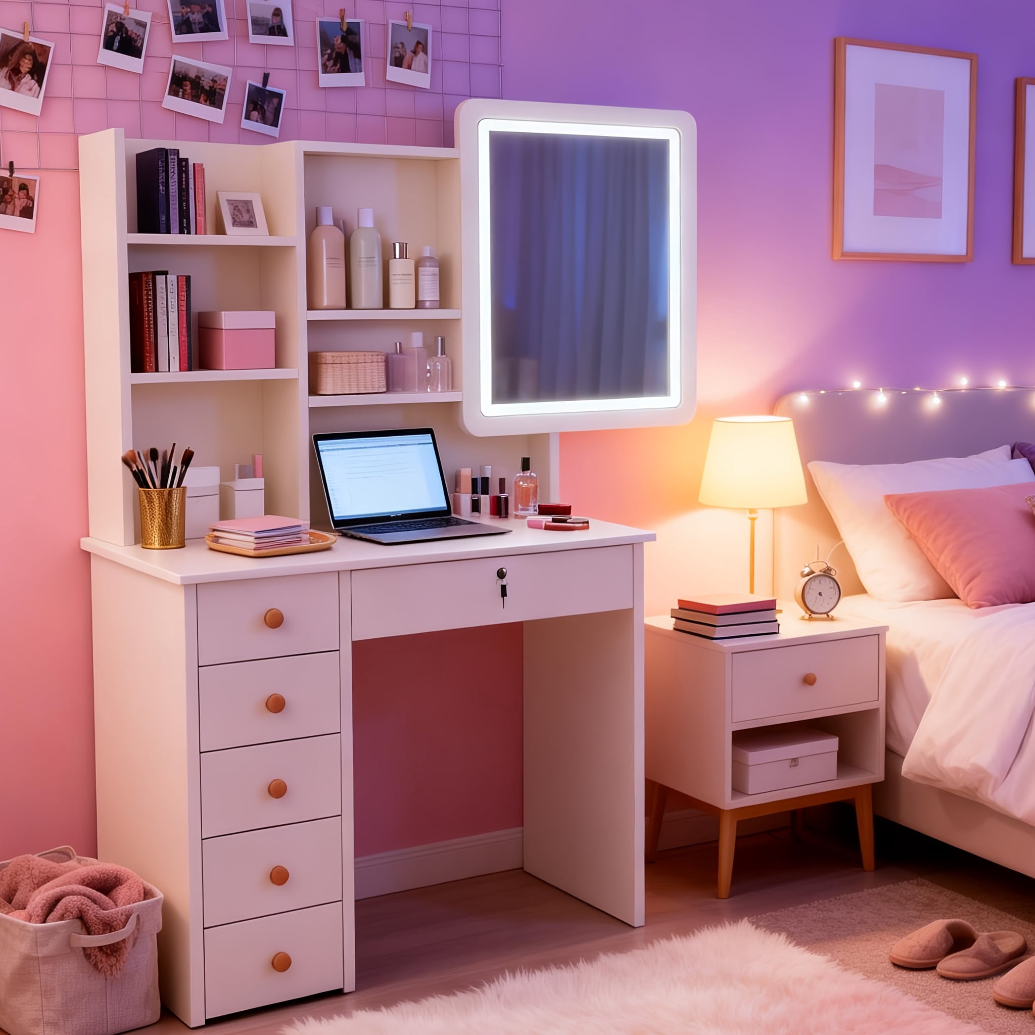 White Vanity Desk with LED Lighted Mirror And Storage Drawers, Modern ...