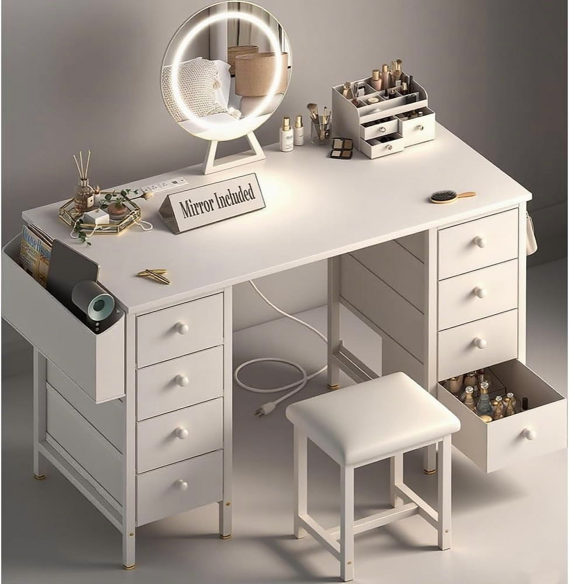 White Vanity Desk with and Light- Makeup Vanity Set Table with Chair ...