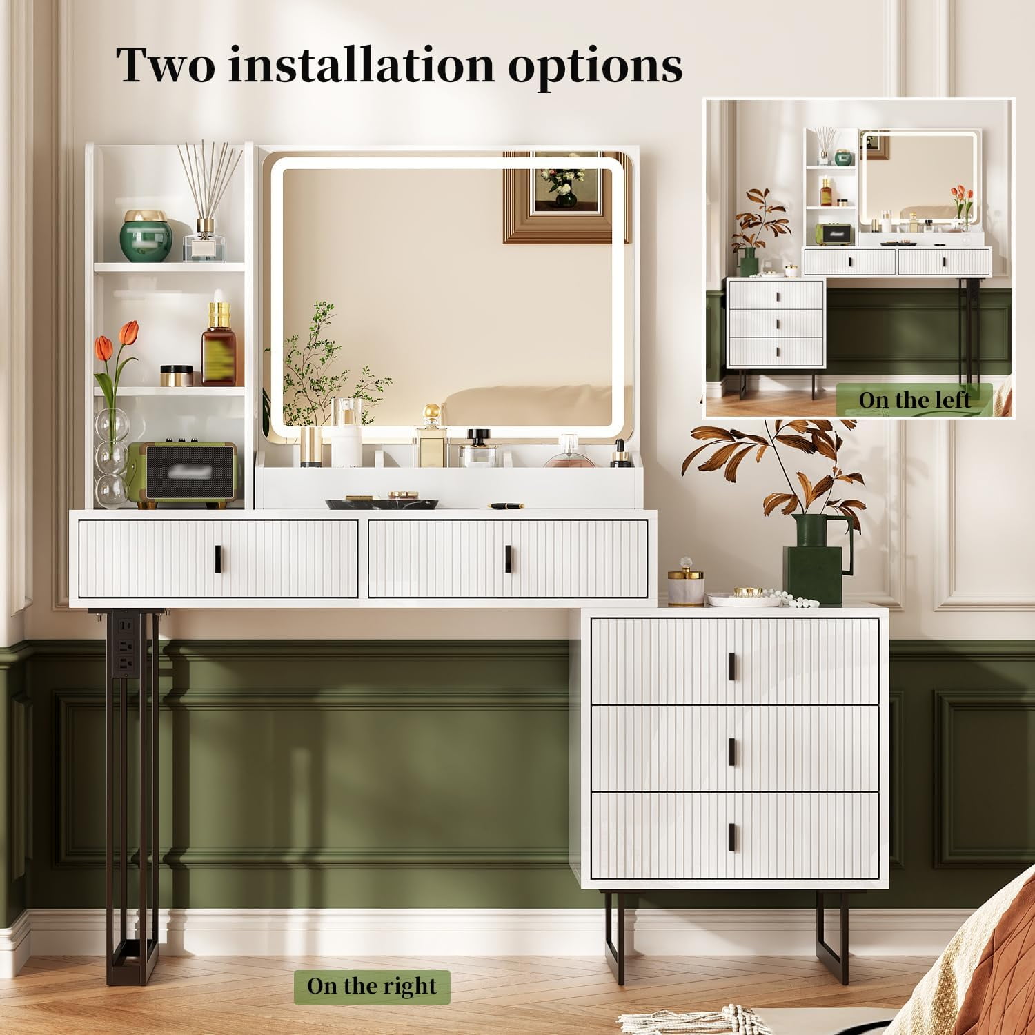 White Vanity Desk with Lighted Mirror – Large Makeup Dressing Table ...