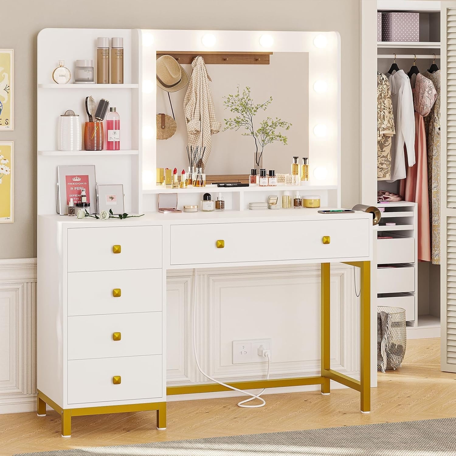 White Vanity Desk Makeup Vanity Table with Mirror and Lights and ...