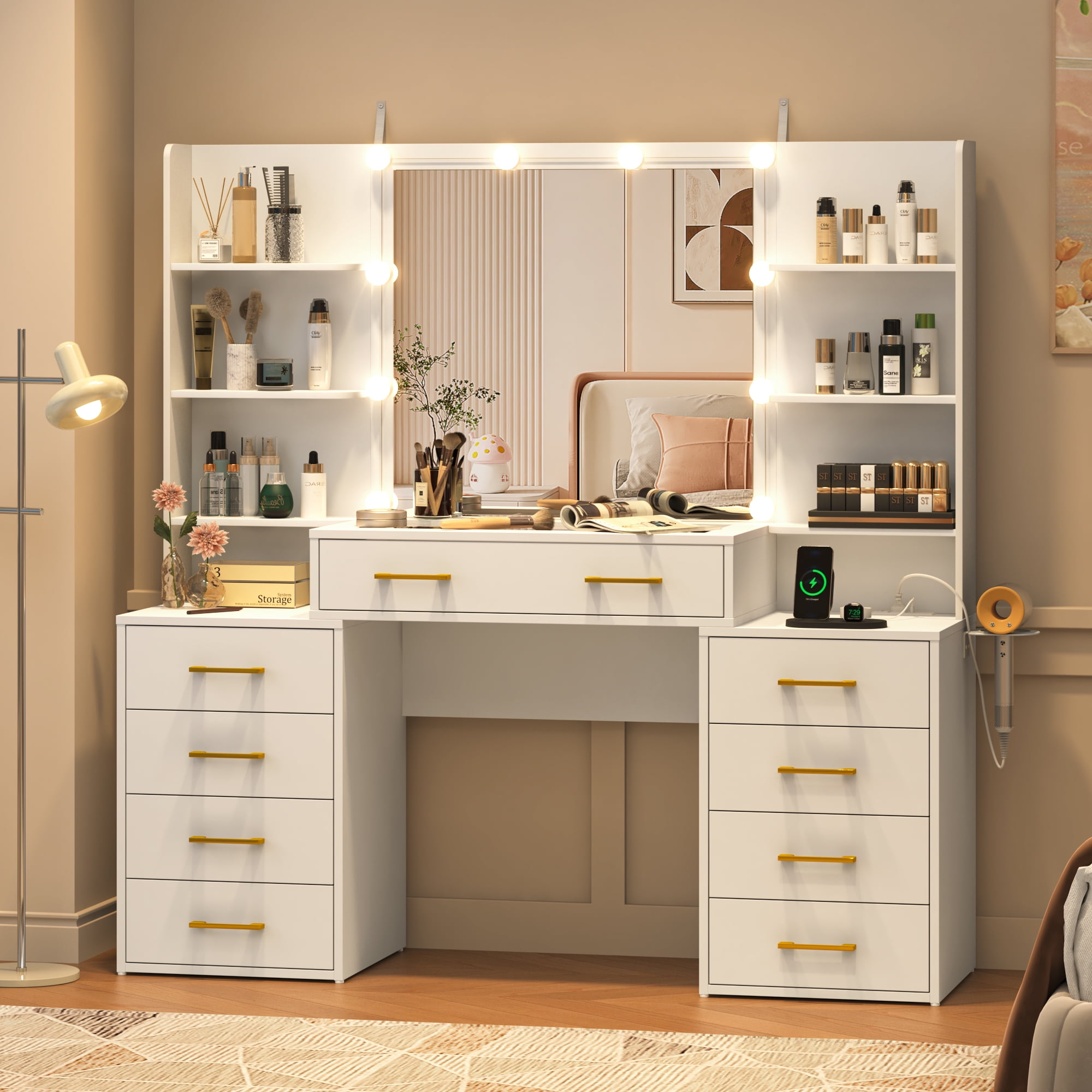 White Vanity Desk with Mirror & LED Lights, Glass Top Vanity Desk with ...