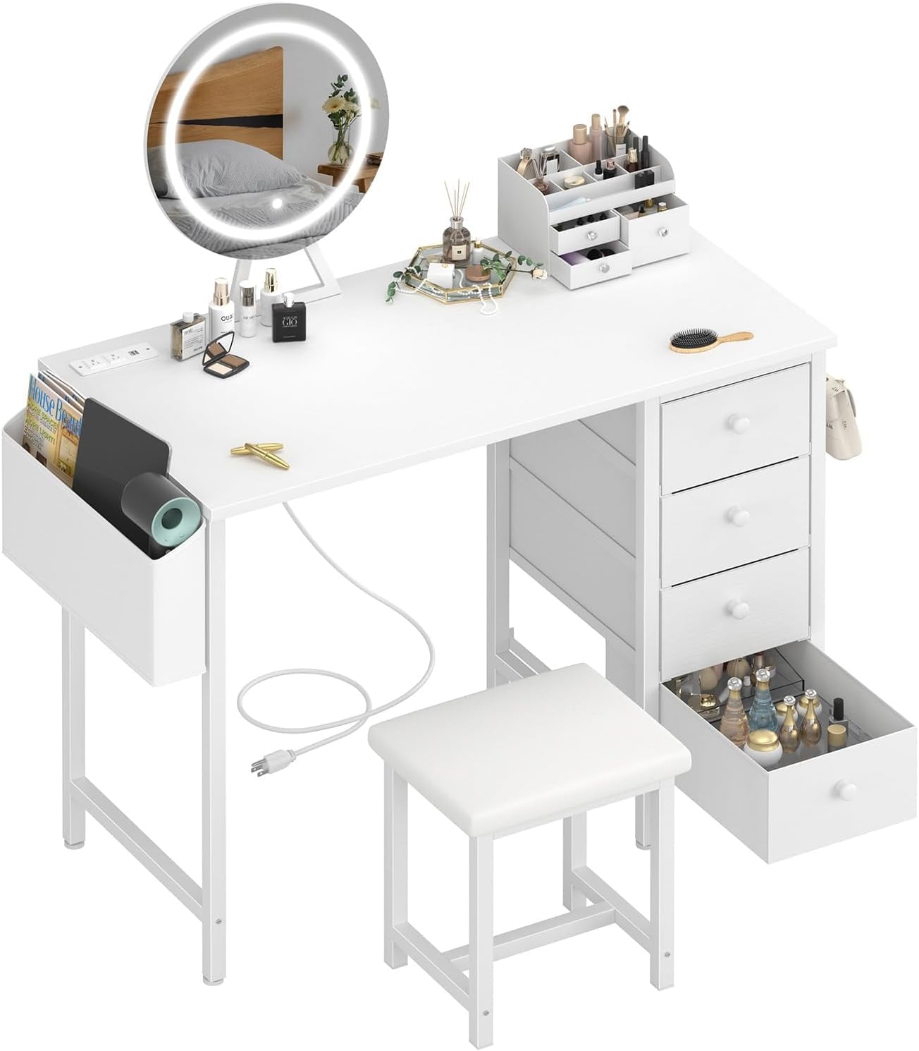 White Vanity Desk with Mirror and Light- Makeup Vanity Set Table with ...