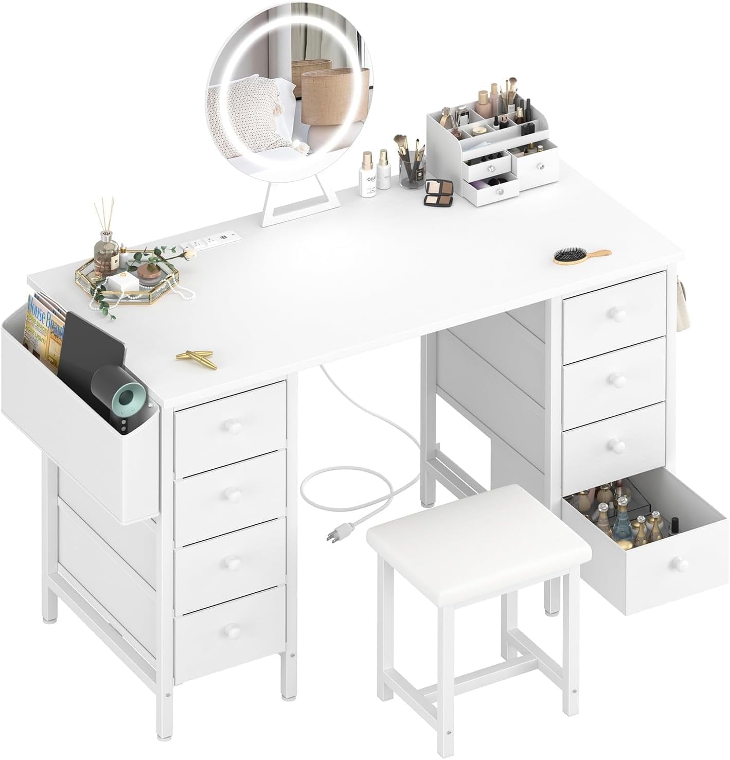 White Vanity Desk with Mirror and Light, Makeup Table Set with Chair, 8 ...