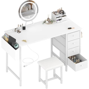 EnHomee Vanity Table, White Makeup Desk with Mirror, Lights, 5 Drawers ...