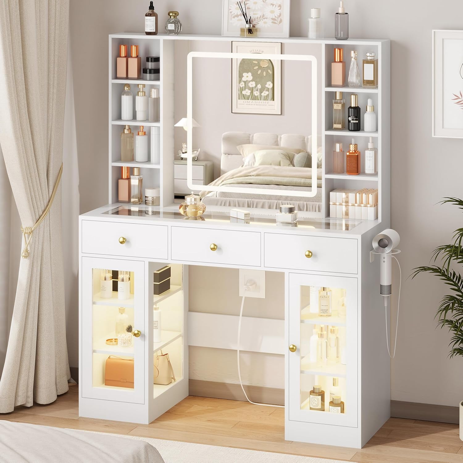 White Vanity Desk with Mirror and Lights, Glass Top Vanity with Lighted ...