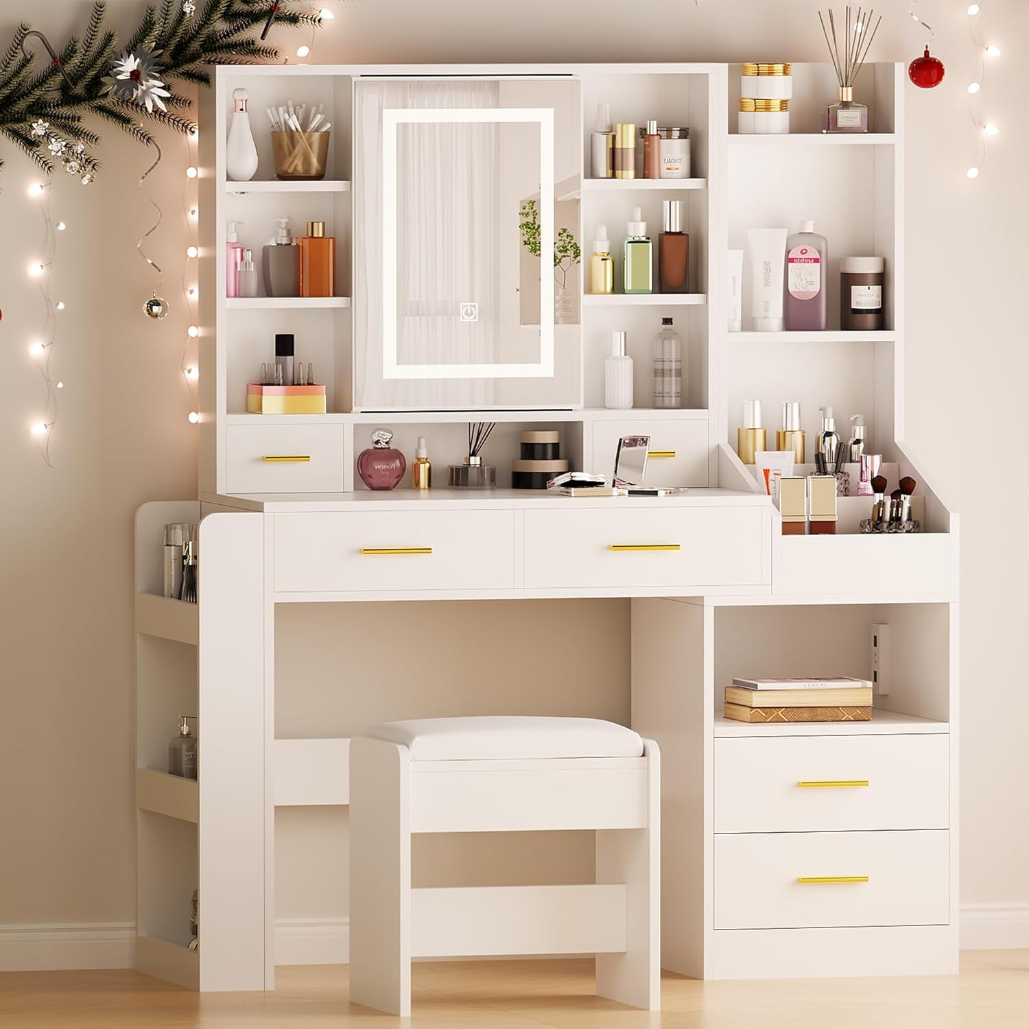 White Vanity Desk with Mirror and Lights Large Makeup Vanity Table with ...