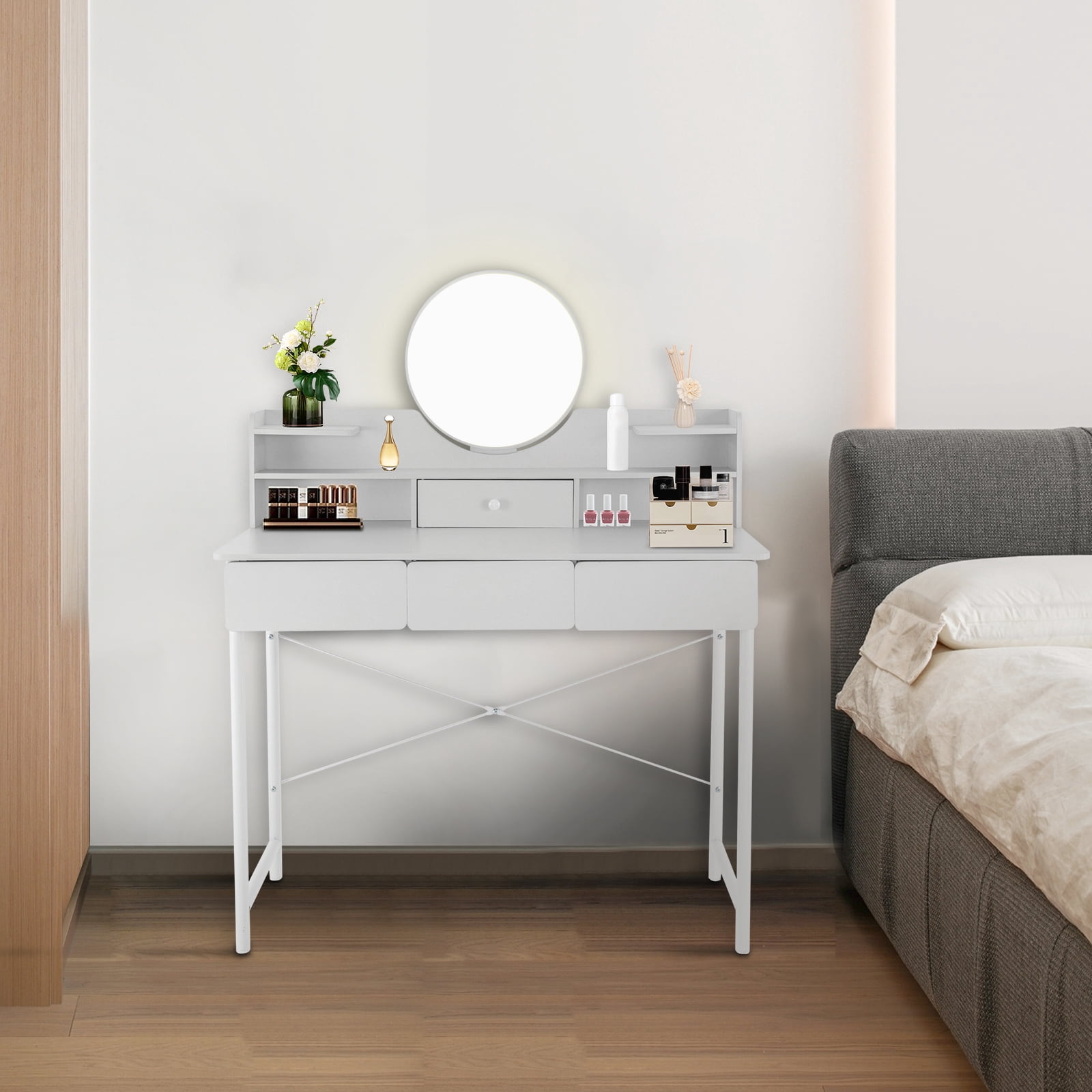 White Vanity Desk with 3-Drawers for Storing Cosmetics, Beauty Supplies ...