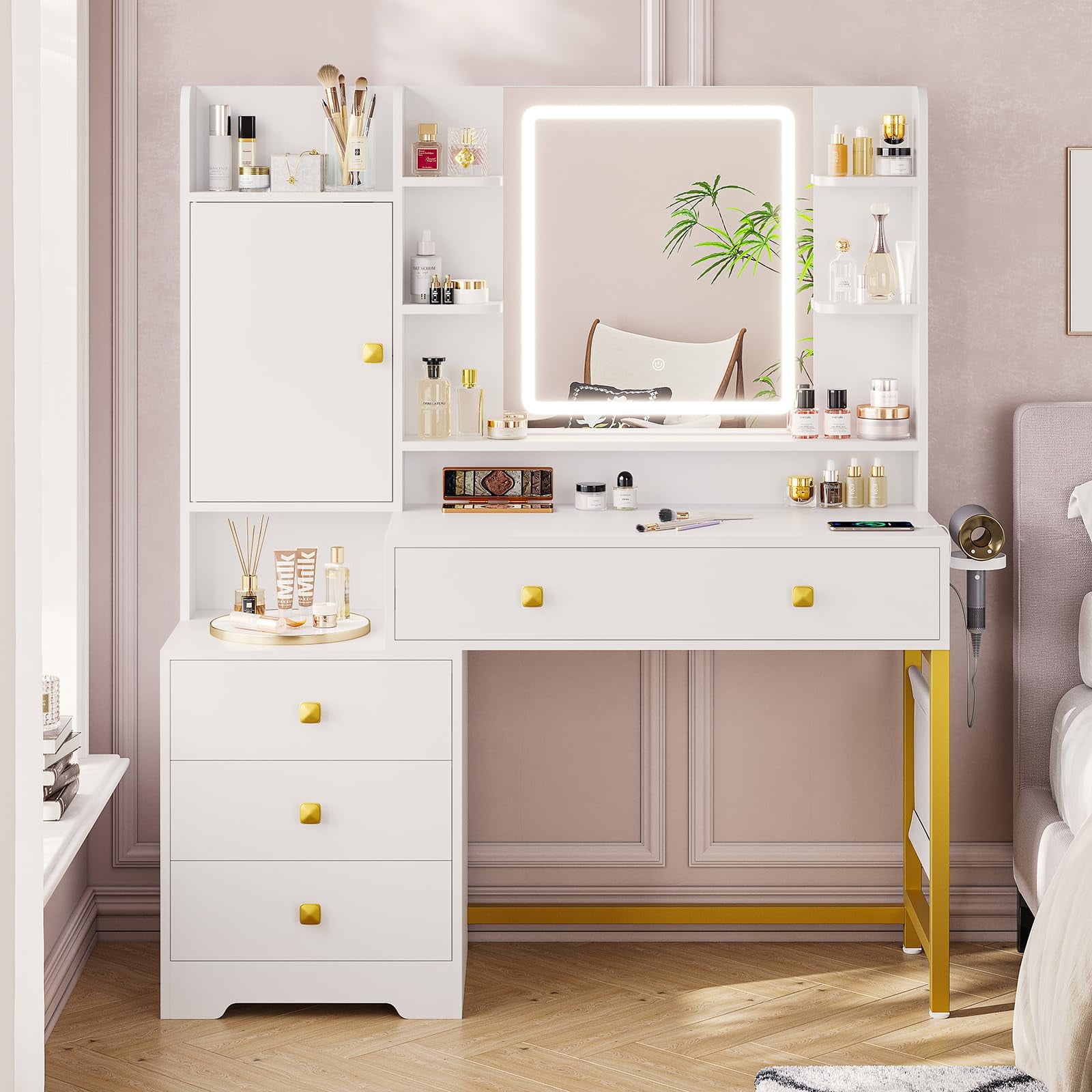 White Vanity Desk with Charging Station&LED Lights, Vanity Table with ...