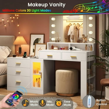 Vanity Desk with Lighted Mirror & Charging Station & 3 Drawers & RGB ...