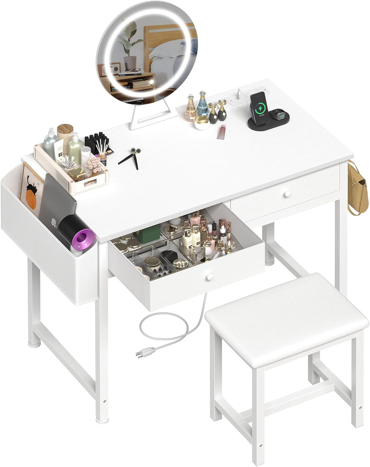 White Vanity Desk with Mirror and Lights Big Vanitys Set with Chair ...
