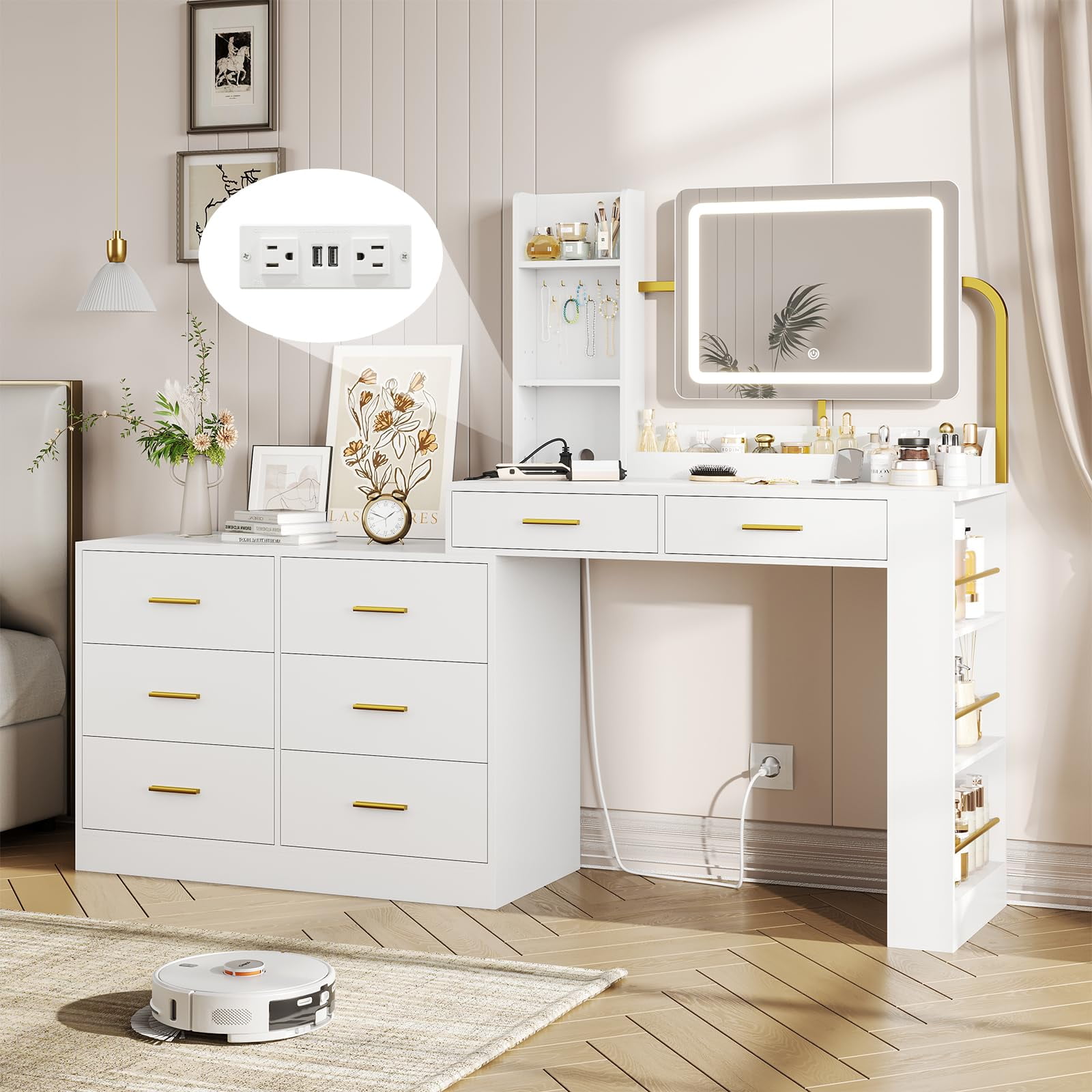 White Vanity Desk with Mirror and Lights&Charging Station&8 Drawers ...