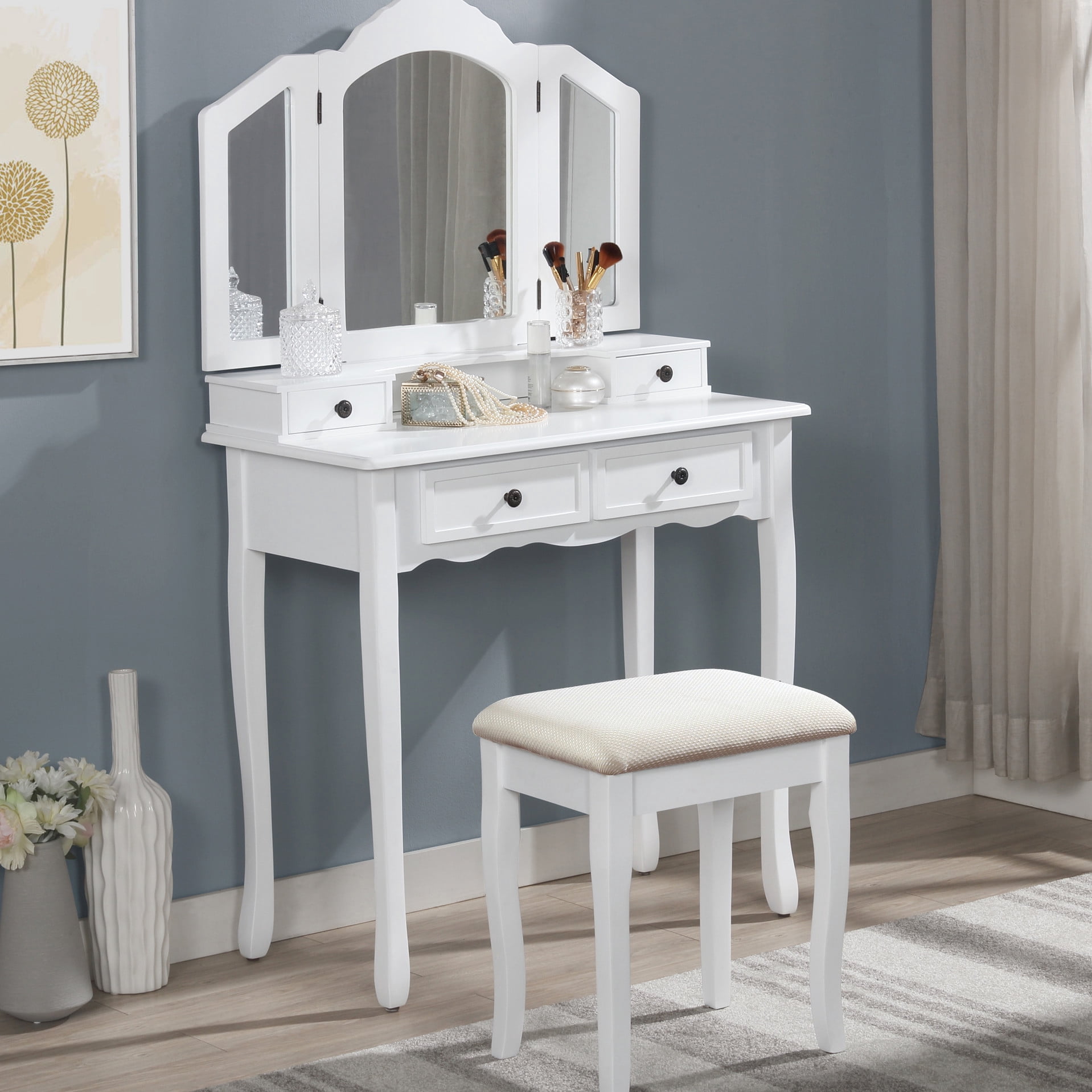 White Vanity Make Up Table And Stool - Wood With Four Box Drawers ...
