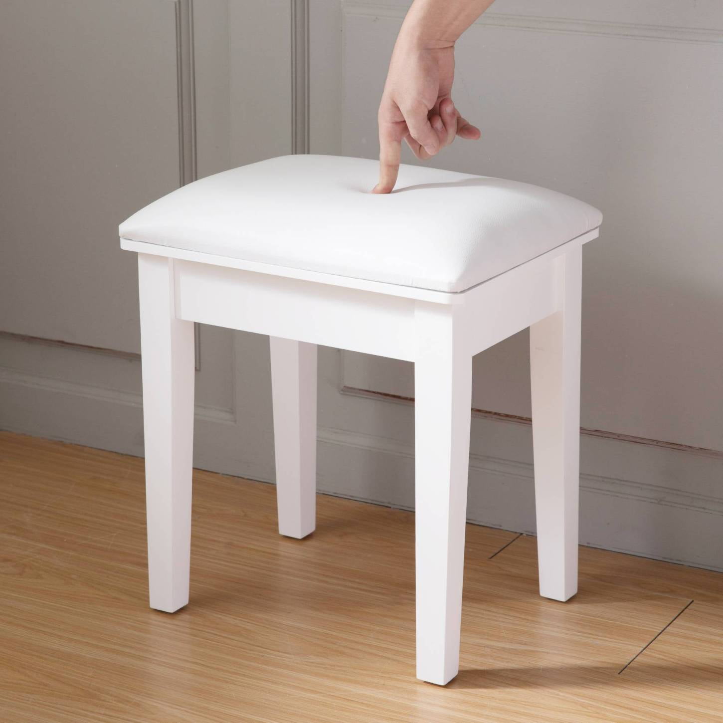 White Vanity Makeup Bench Stool, Padded Seat with PU Leather & Solid ...