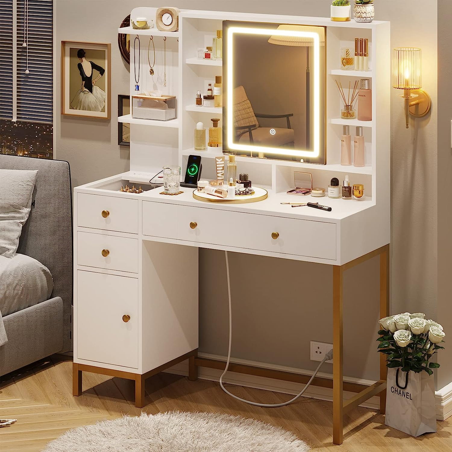 White Vanity with Openable Mirror and Charging Station, Makeup Vanity ...