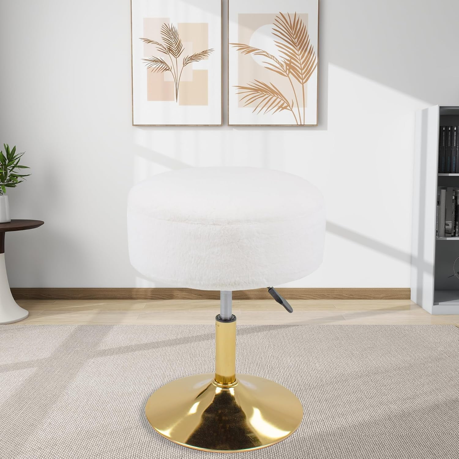 White Vanity Stool for Makeup Room, Faux Fur Vanity Chair Height ...