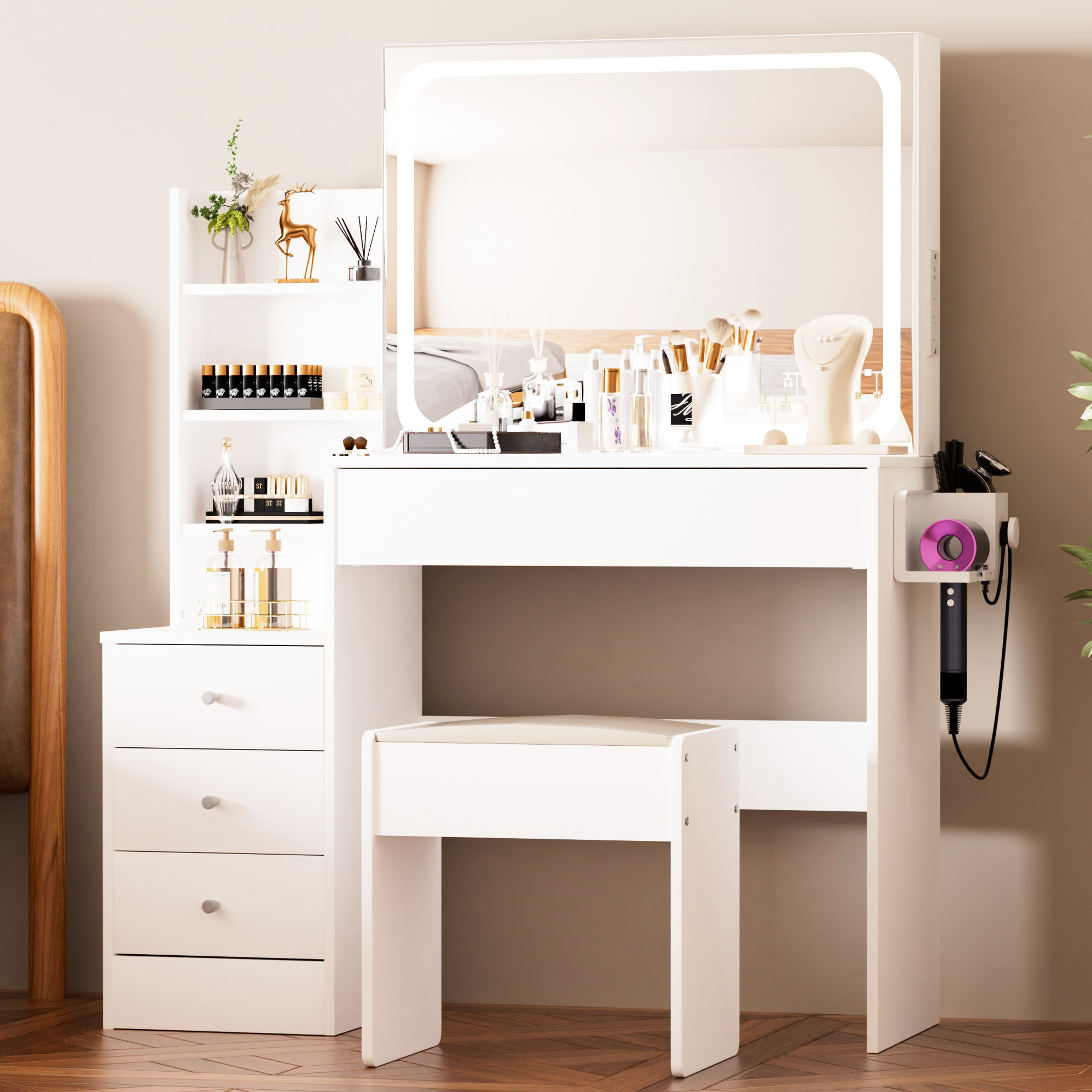 White Vanity Table Featuring Led Mirror With 3 Modes, 4 Drawers ...