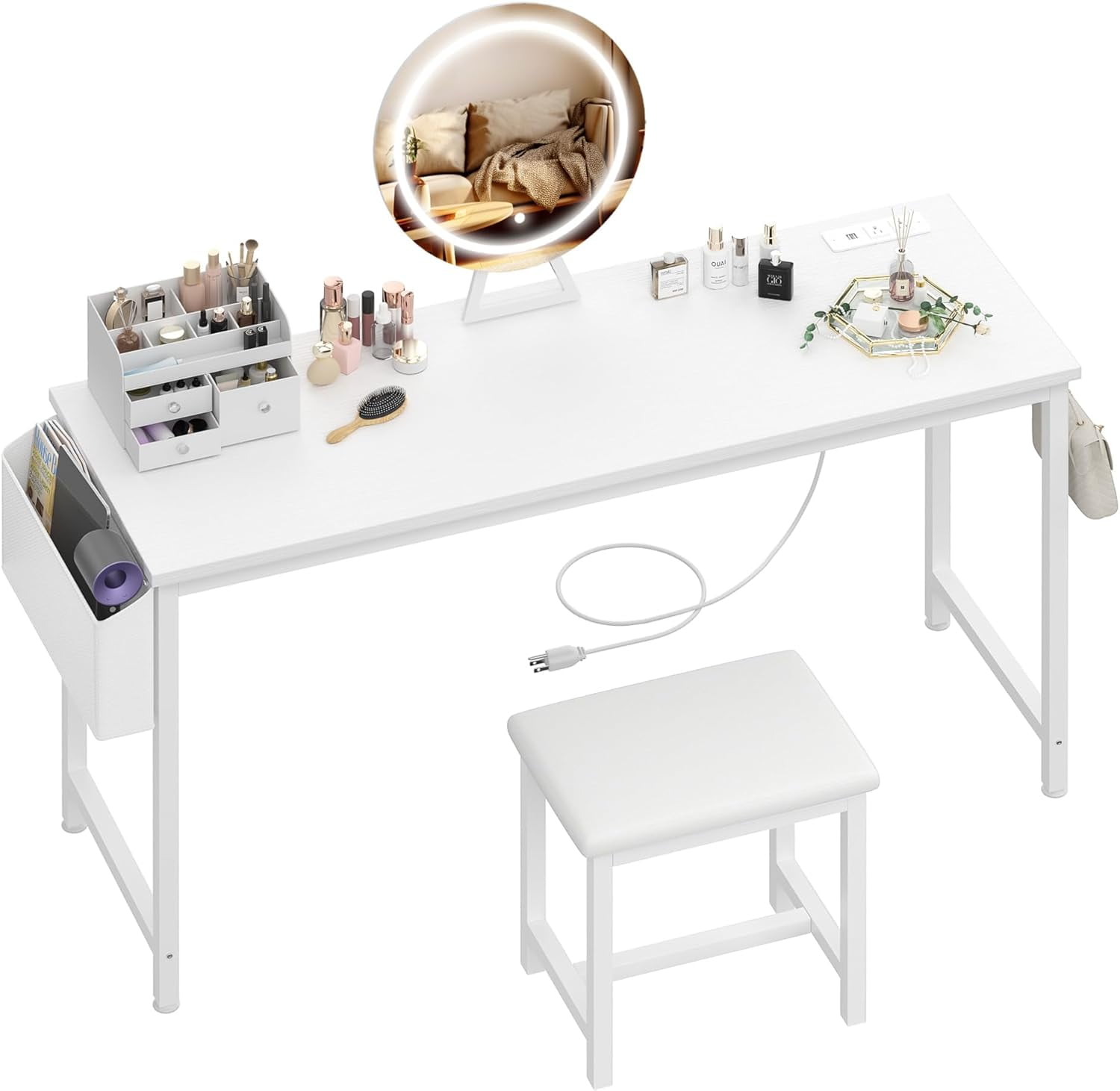 White Vanity Table with Lighted Mirror - 47“ White Vanity Desk with ...