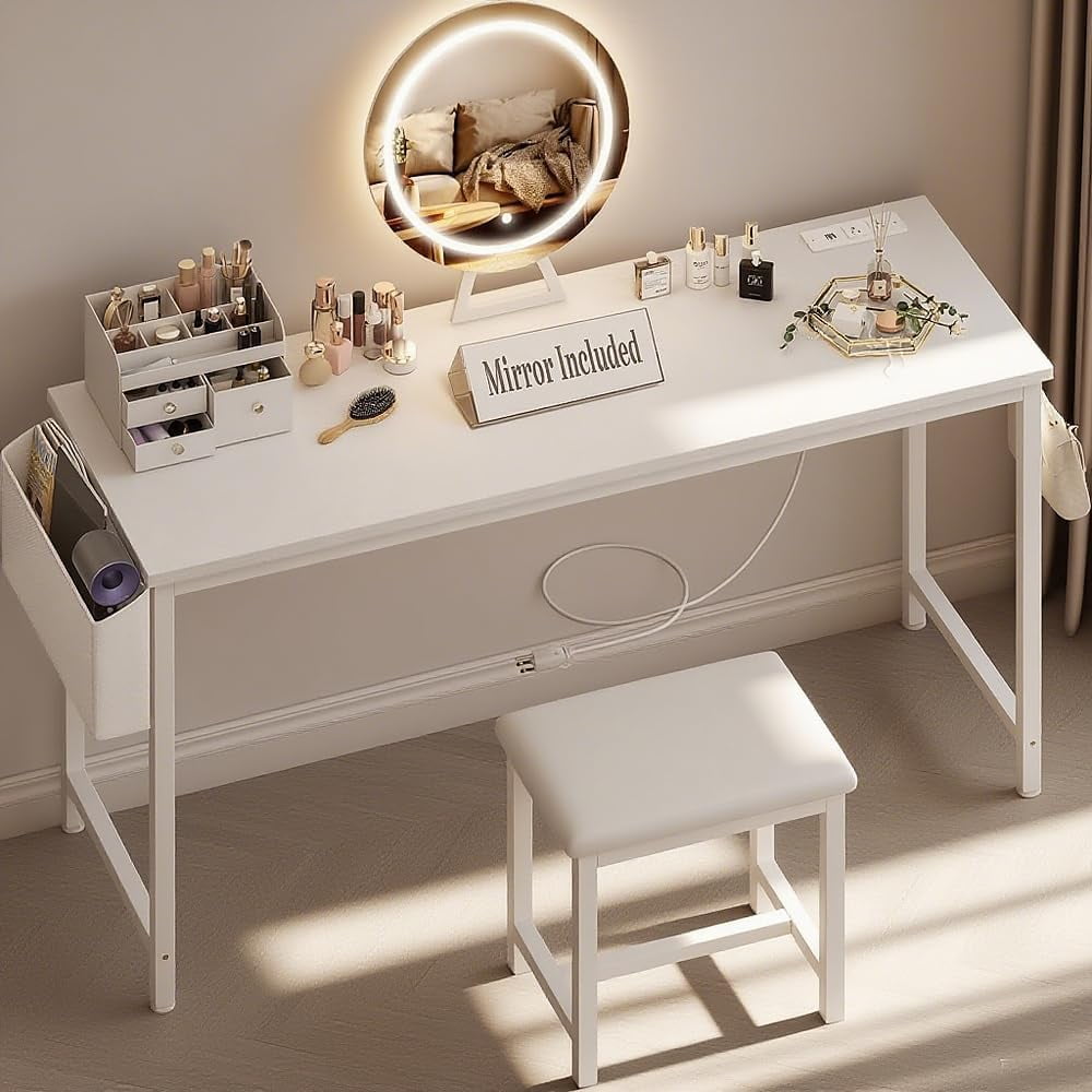White Vanity Table with Lighted Mirror - 47“ White Vanity Desk with ...