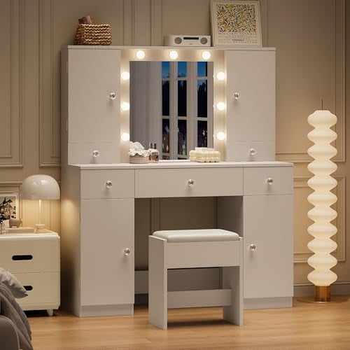 White Vanity with Jewelry Storage, Big Makeup Vanity Desk with Mirror ...