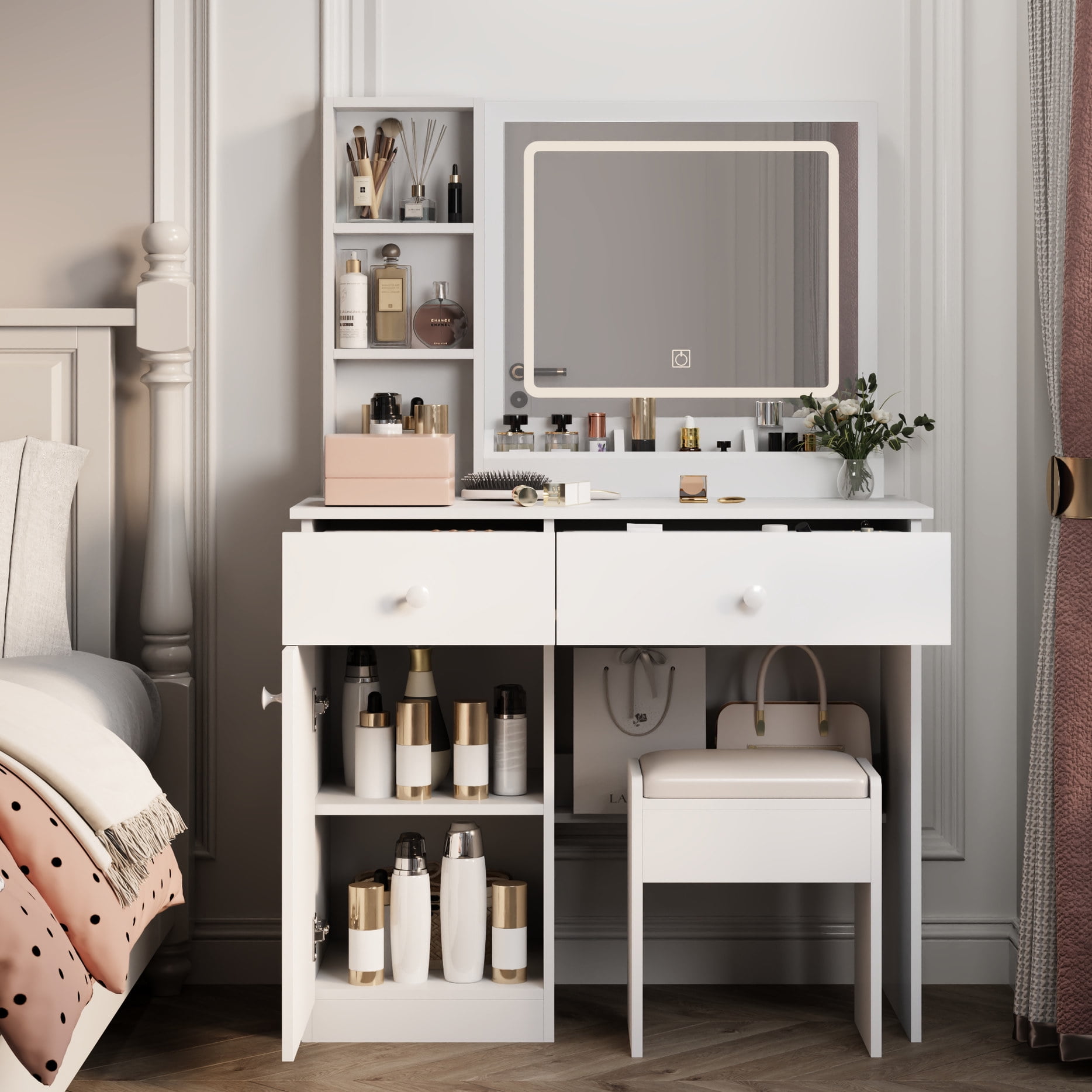 White Vanity with Lighting for Makeup | Realistic All - Angle ...