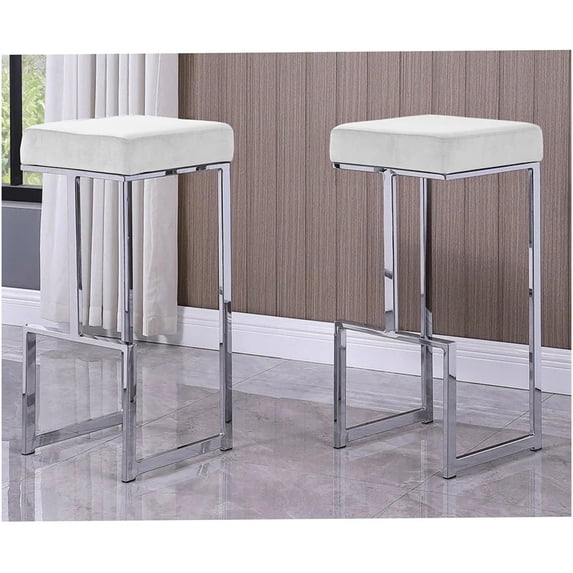White Velvet Bar Stools Set of 2, Chrome Base Backless Counter Stools ...