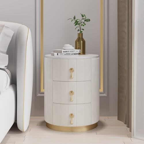 White Velvet Nightstand with Storage, Round Bedside Table with 3 ...