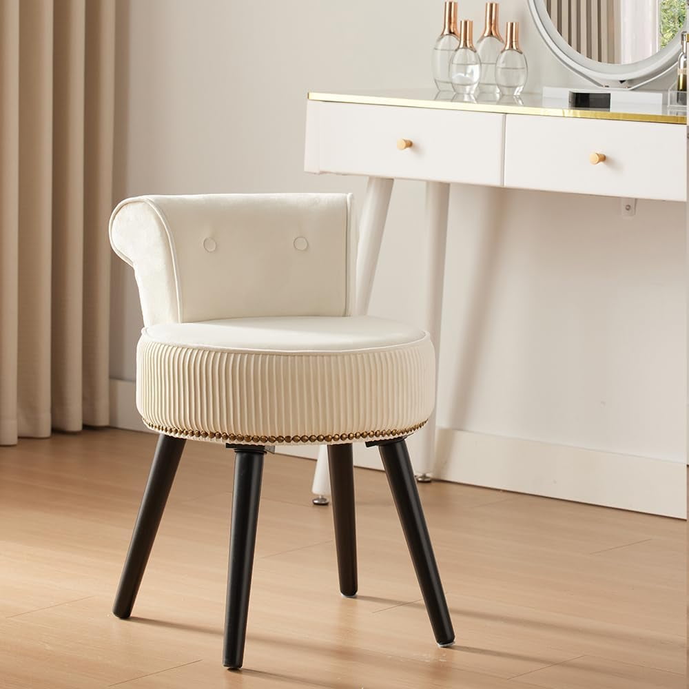 White Velvet Vanity Chair with Low Back Small Makeup Stool Chair Tufted ...