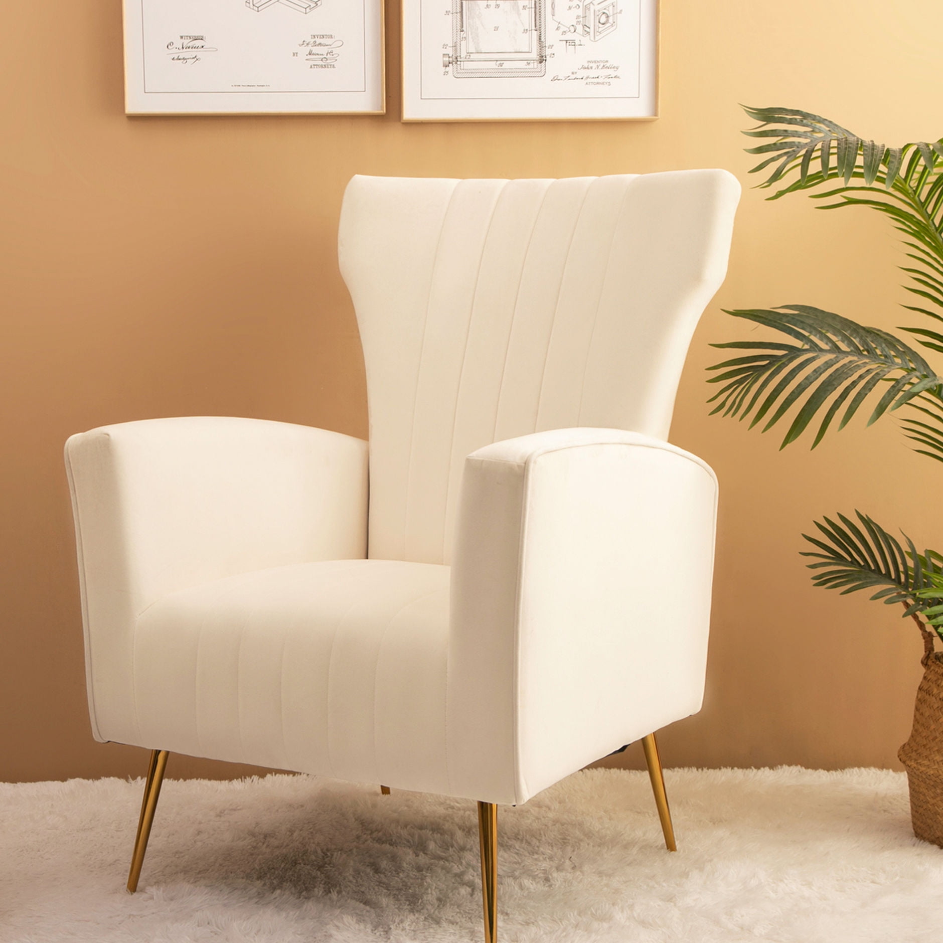 White Velvet Wingback Arm Chair with Gold Legs Even Pressure ...