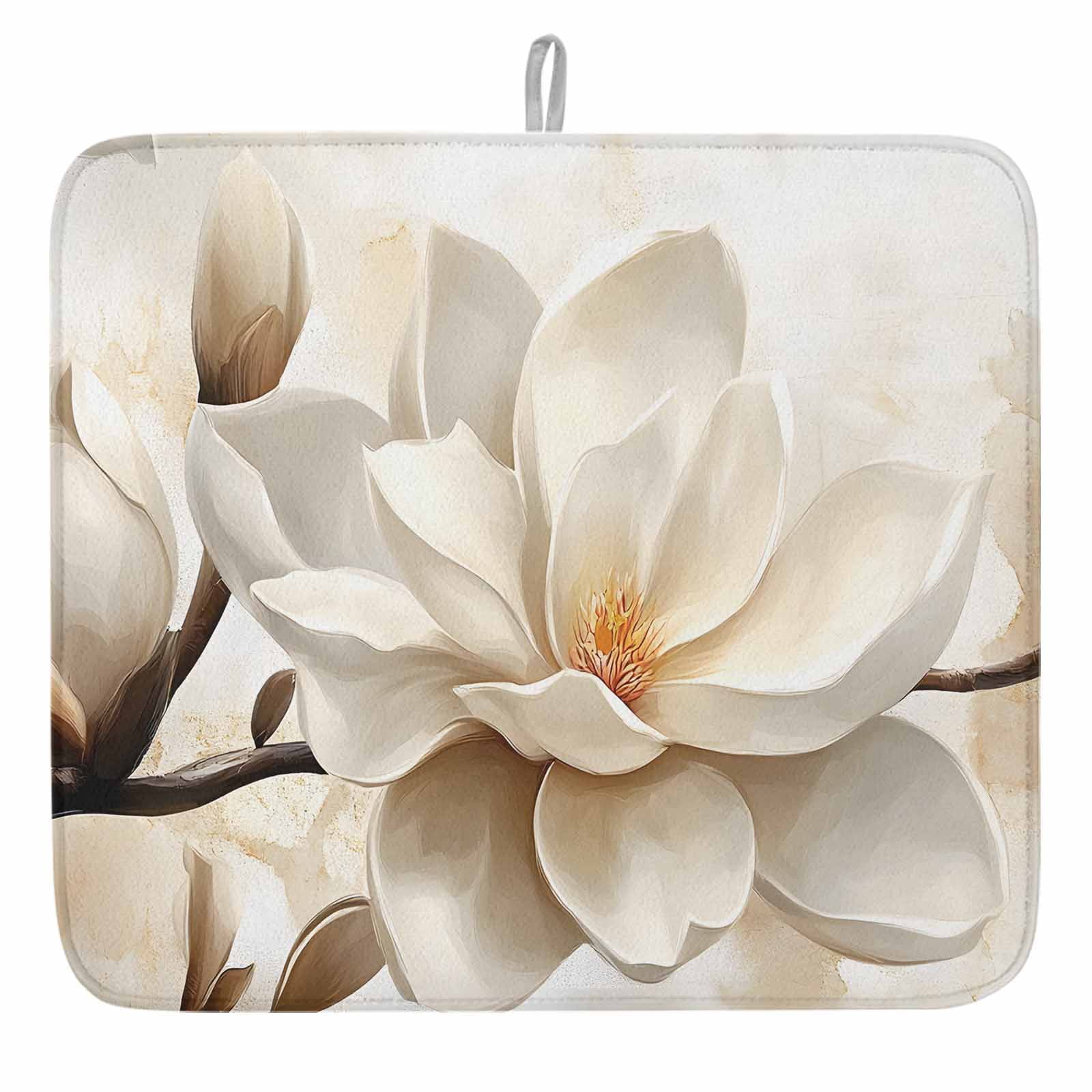 White Vintage Magnolia Flowers Dish Drying Mat, Rustic Floral Botanical ...
