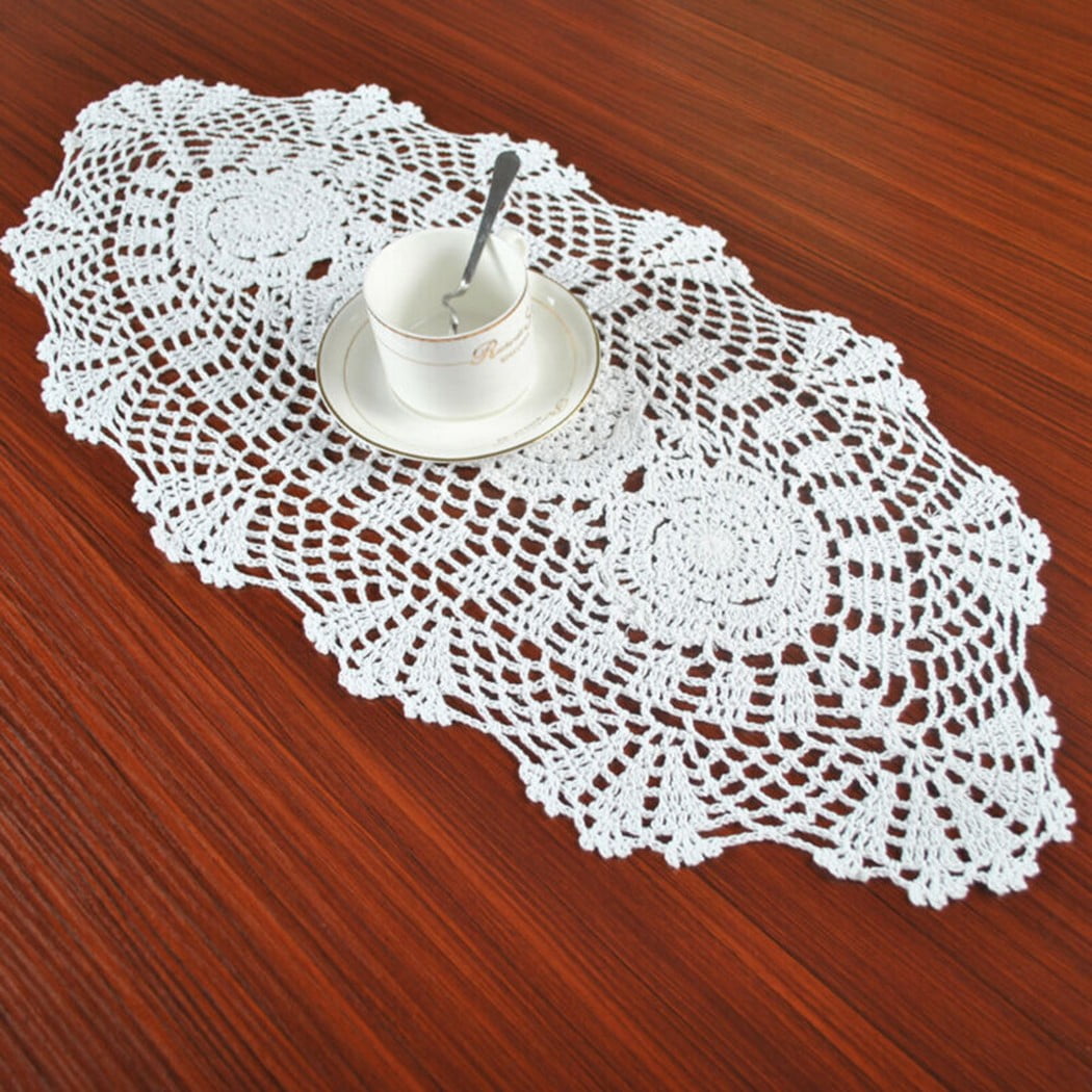 White Vintage Oval Table Runner Crocheted Cotton Floral Lace Tablecloth ...